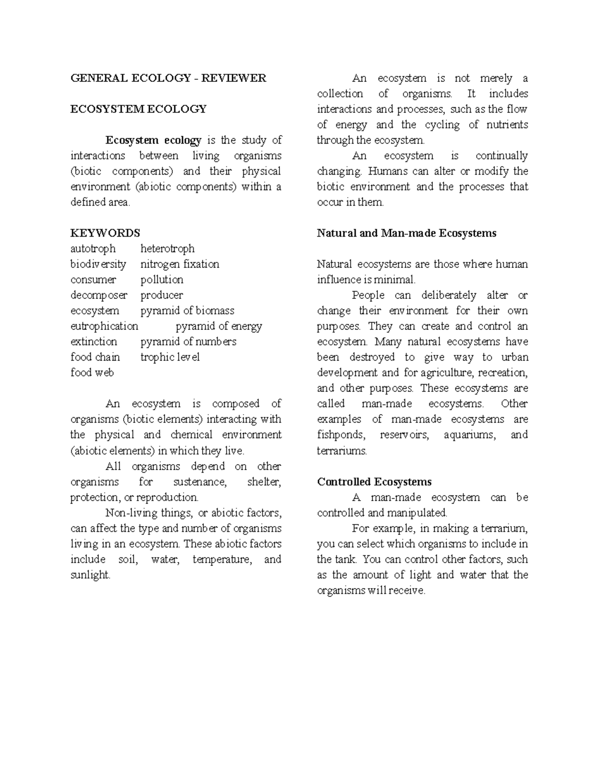 GENERAL ECOLOGY REVIEWER: ECOSYSTEM ECOLOGY AND BIODIVERSITY - Studocu