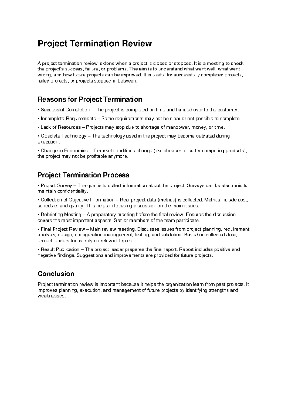 Project Termination Review: Lessons Learned for Future Success - Studocu