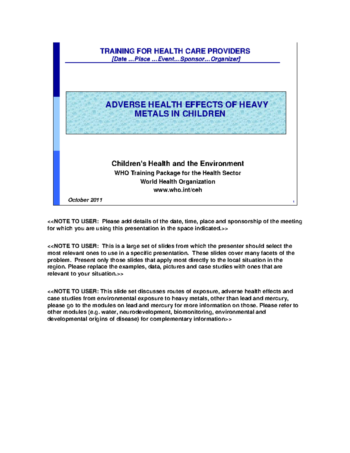 Adverse Health Effects of Heavy Metals in Children: WHO Training ...