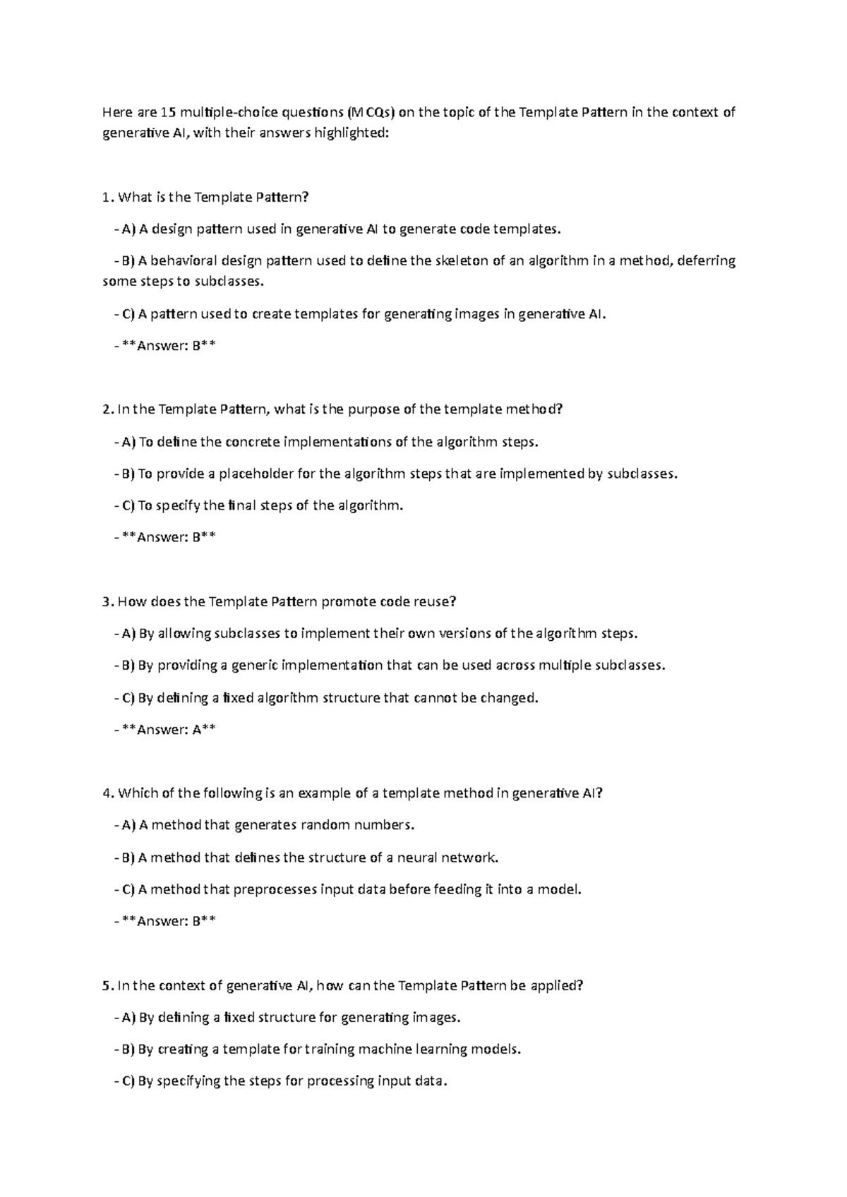 GEN AI MCQs on Template Pattern for Final Exam Preparation - Studocu