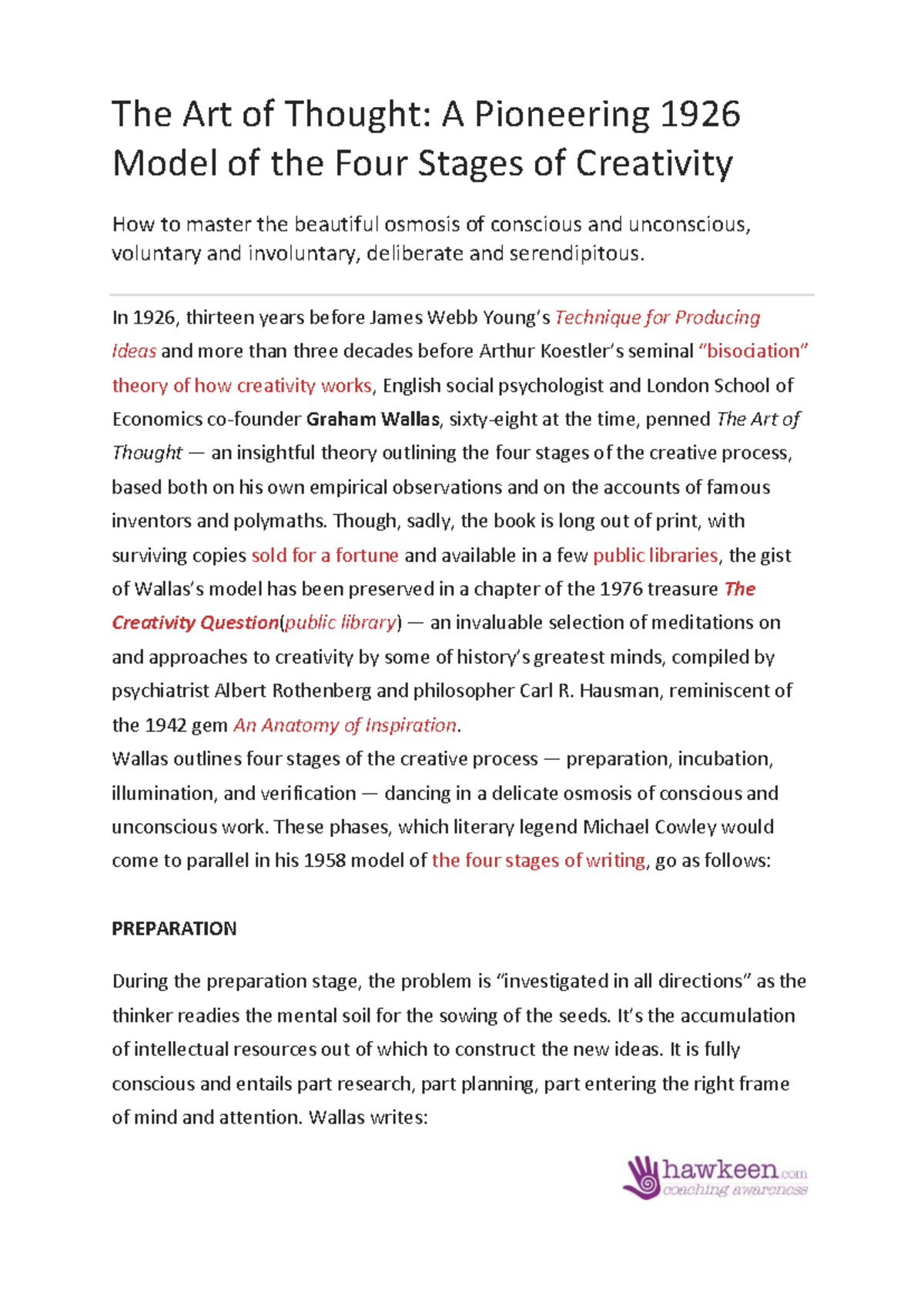 Graham Wallas' The Art of Thought: Four Stages of Creativity JZ - Studocu
