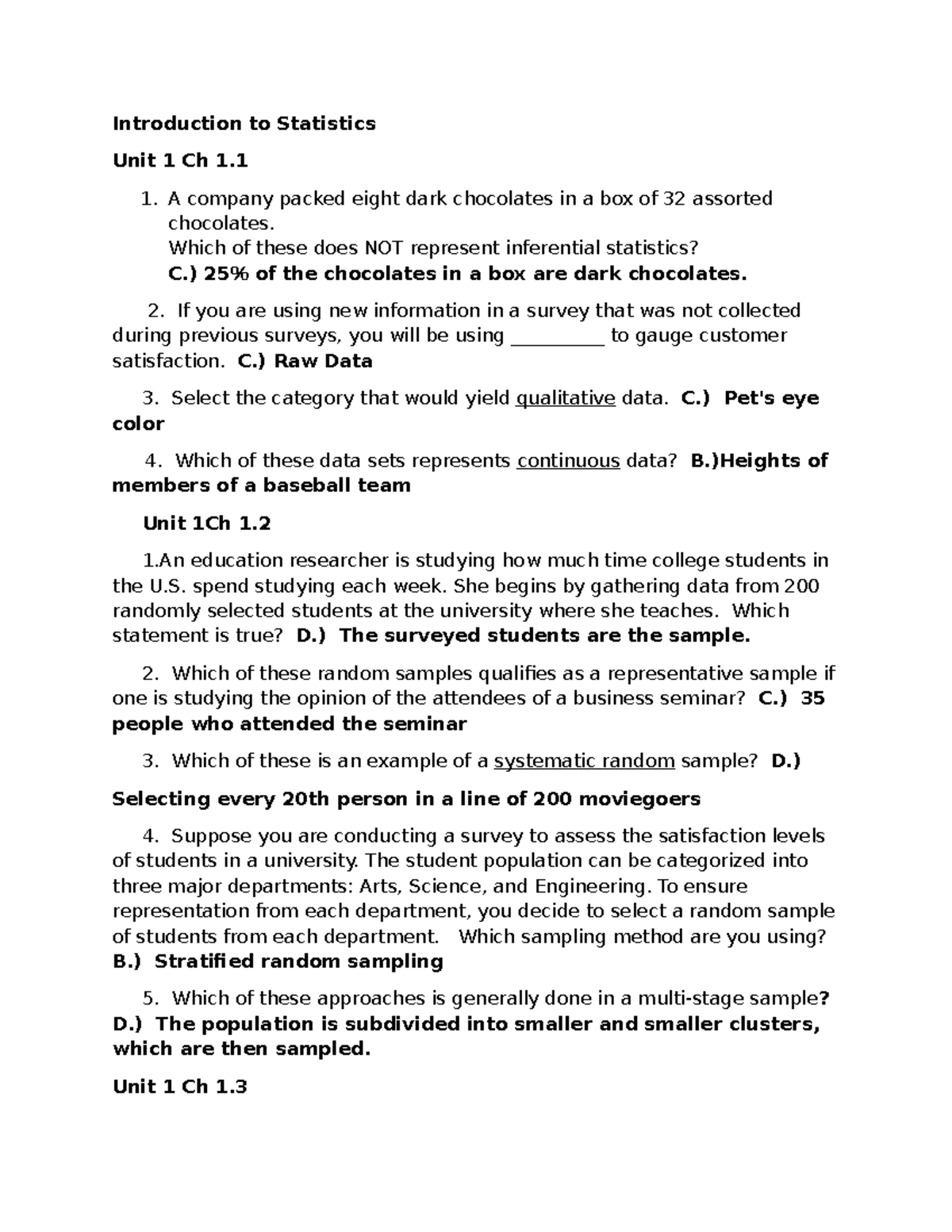 Introduction to Statistics Unit 1 Chapters 1.1-1.5 & 2.2 Study Notes ...