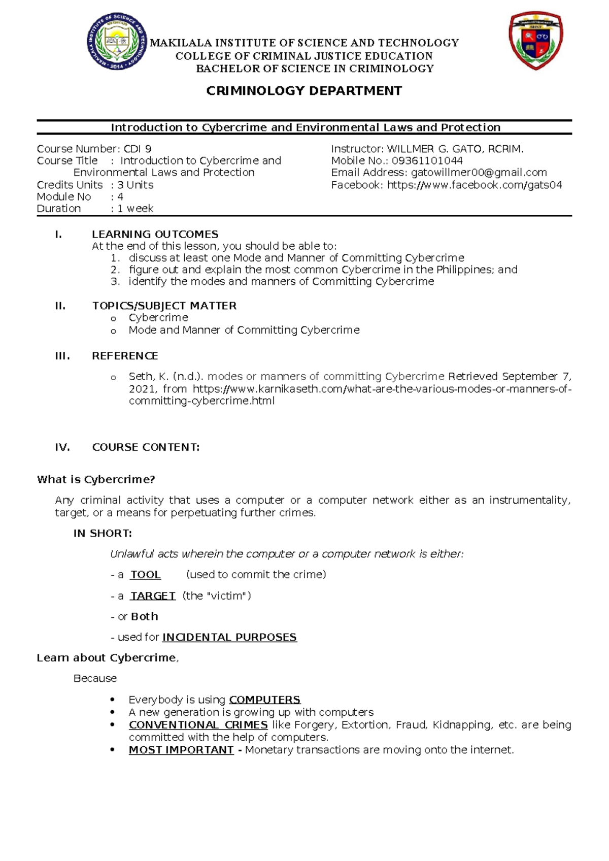 Module 4 CDI - Introduction to Cybercrime and Its Manner - Studocu