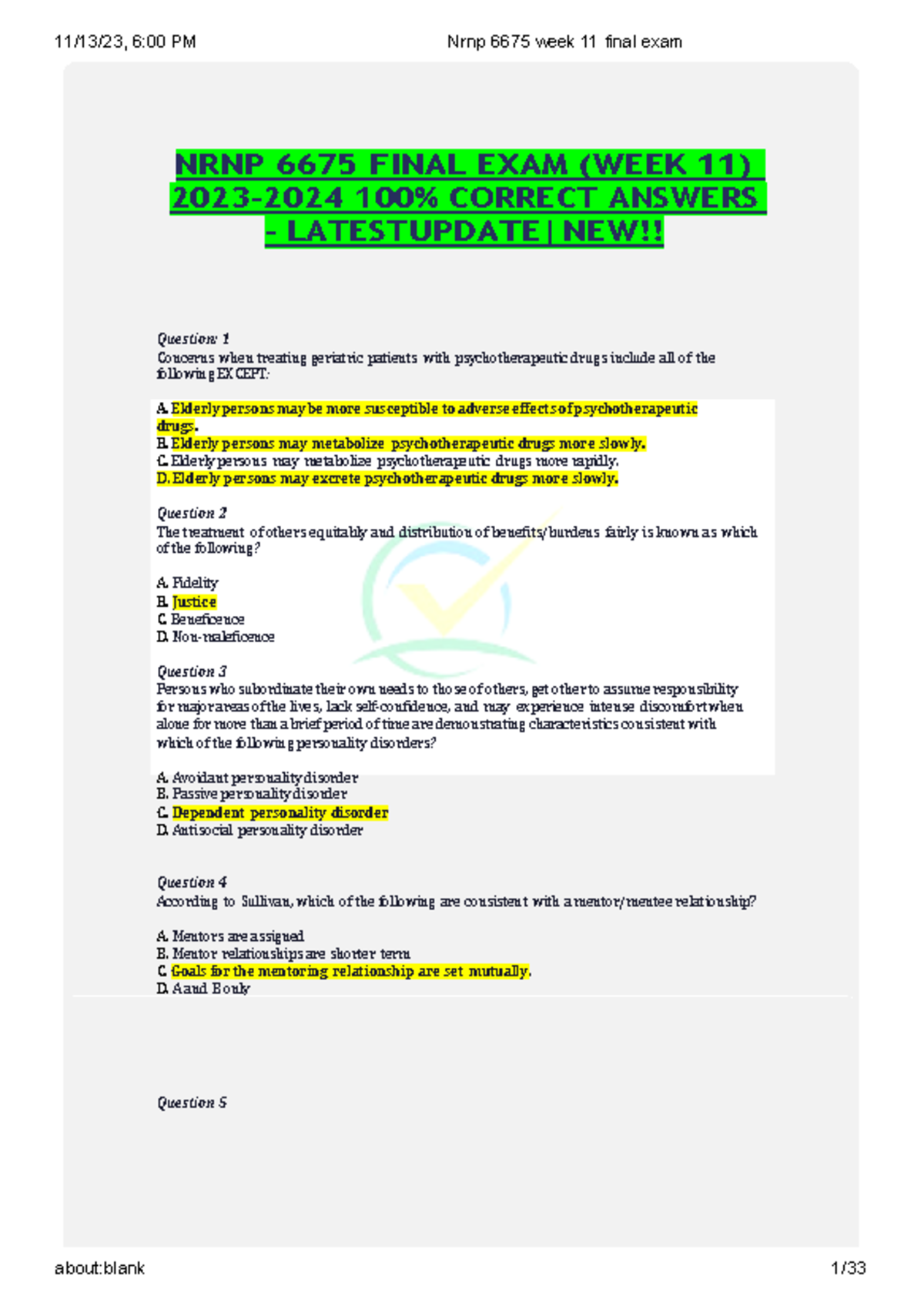 NRNP 6675 Week 11 Final Exam: 100% Correct Answer Key - Studocu