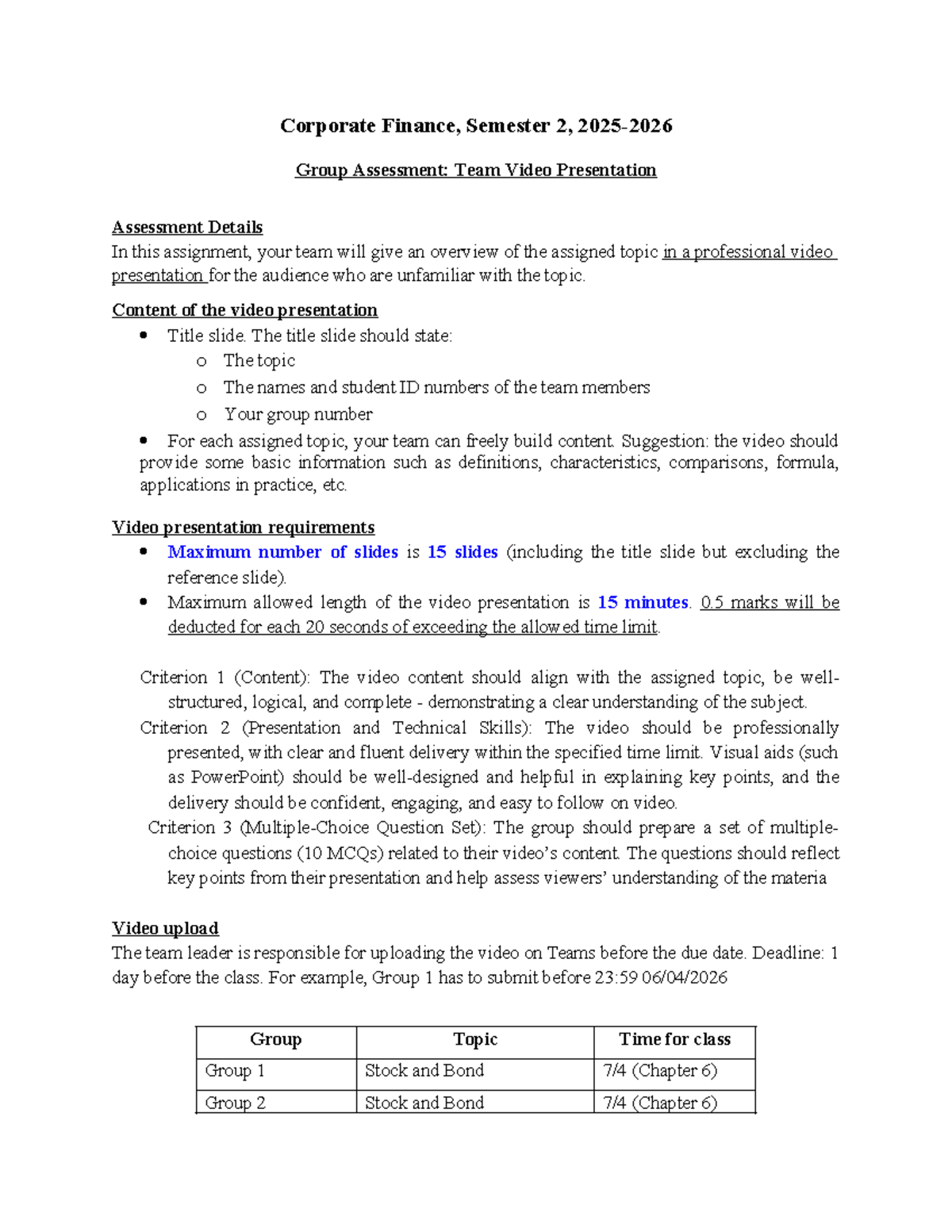 Corporate Finance (CF2025) Semester 2: Team Video Presentation Guide ...