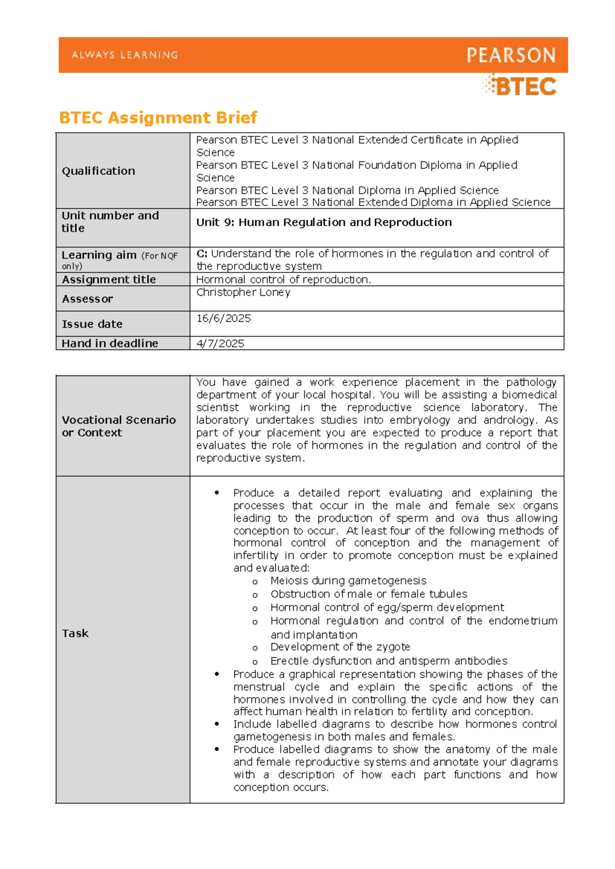 Unit 9 Assignment: Hormonal Control of Reproduction (Learning Aim C ...