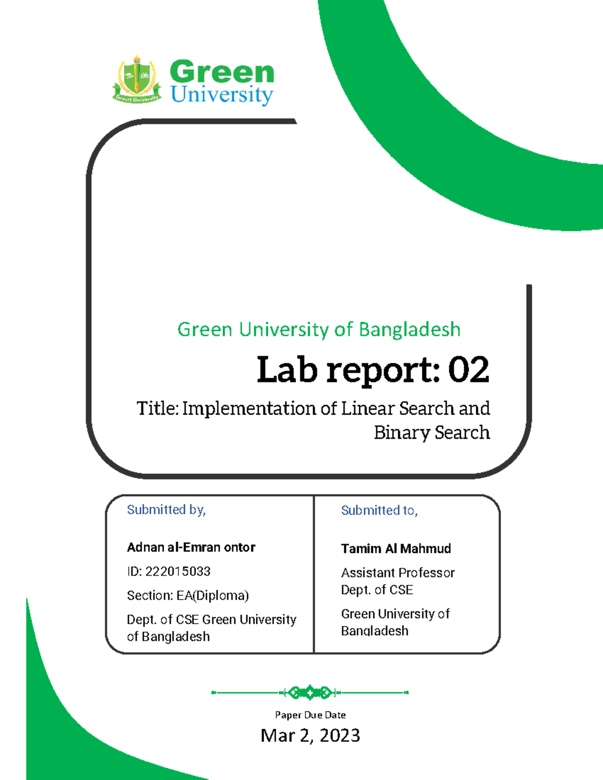 Lab Report 2 Adnan al-emran 222015 033 - Submitted by, Adnan al-Emran ...