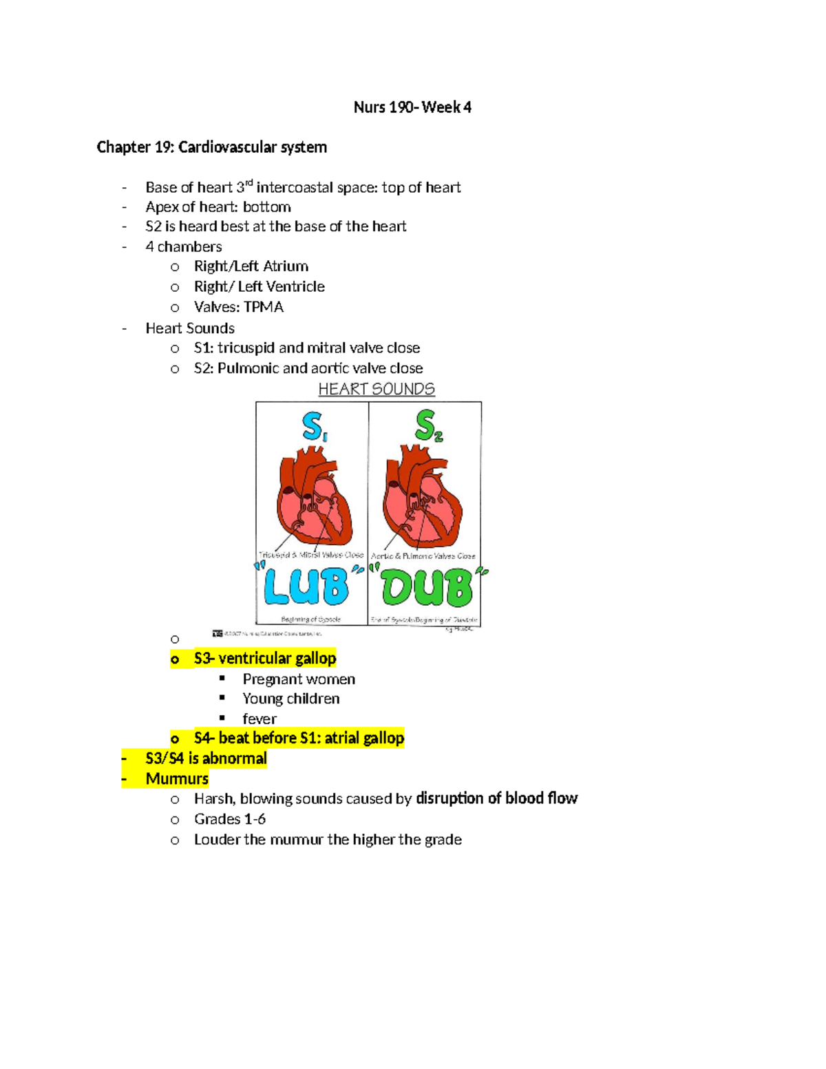 NURS 190 Week 4 - Cardiovascular System Weekly Notes - Studocu