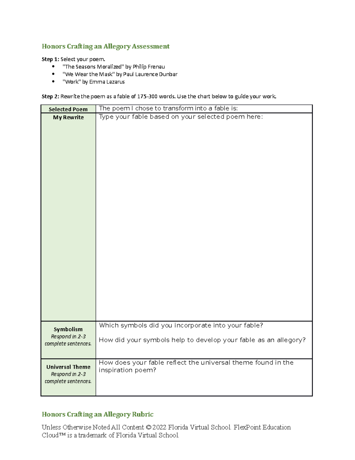 Honors Crafting an Allegory Assessment Rubric and Guide - Studocu
