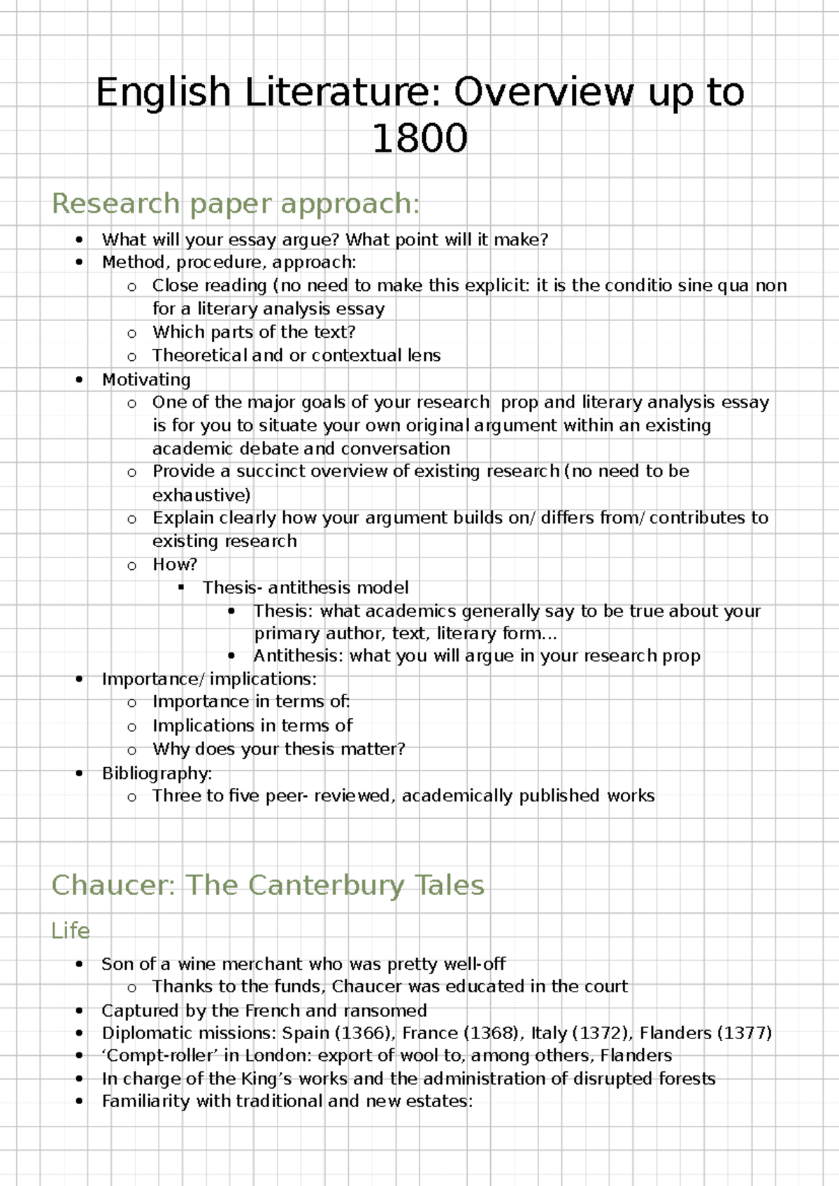 English Literature (ENG 101): Overview up to 1800 - Research Paper ...