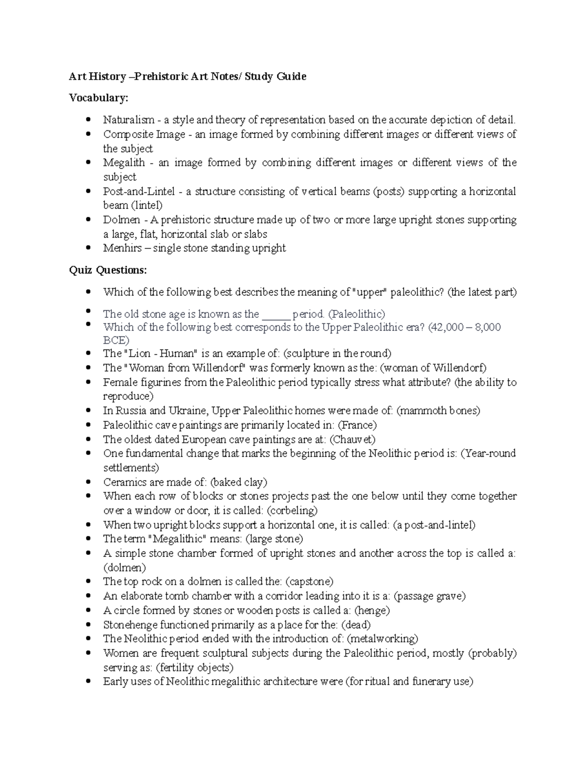 Art History Notes: Prehistoric Art Study Guide and Quiz (AH101) - Studocu