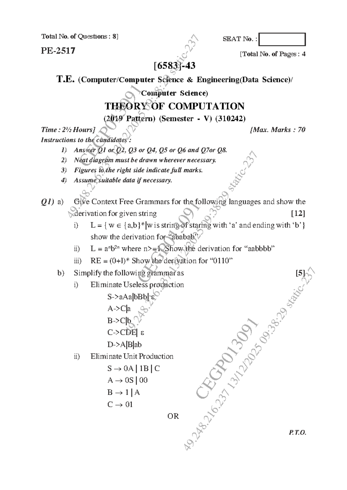 Theory of Computation (310242) - Nov/Dec 2025 Exam Notes - Studocu