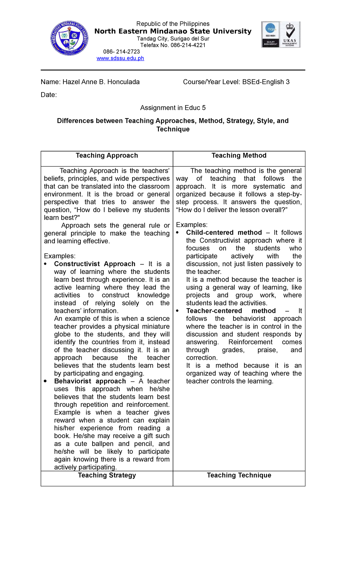Educ 5 Assignment: Teaching Approaches, Methods, Strategies, and Styles - Studocu