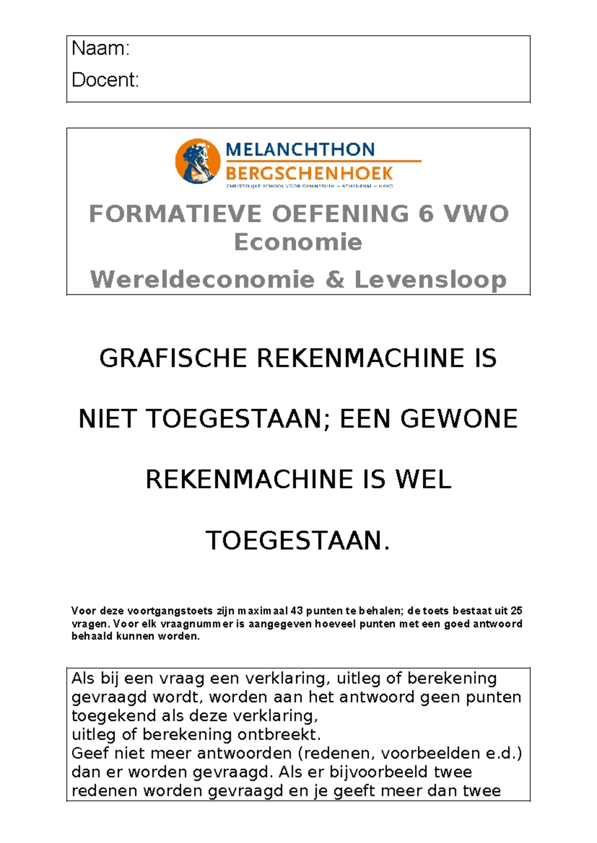 FORMATIEVE OEFENING 6 VWO Economie Wereldeconomie 2024-2025 - Studeersnel