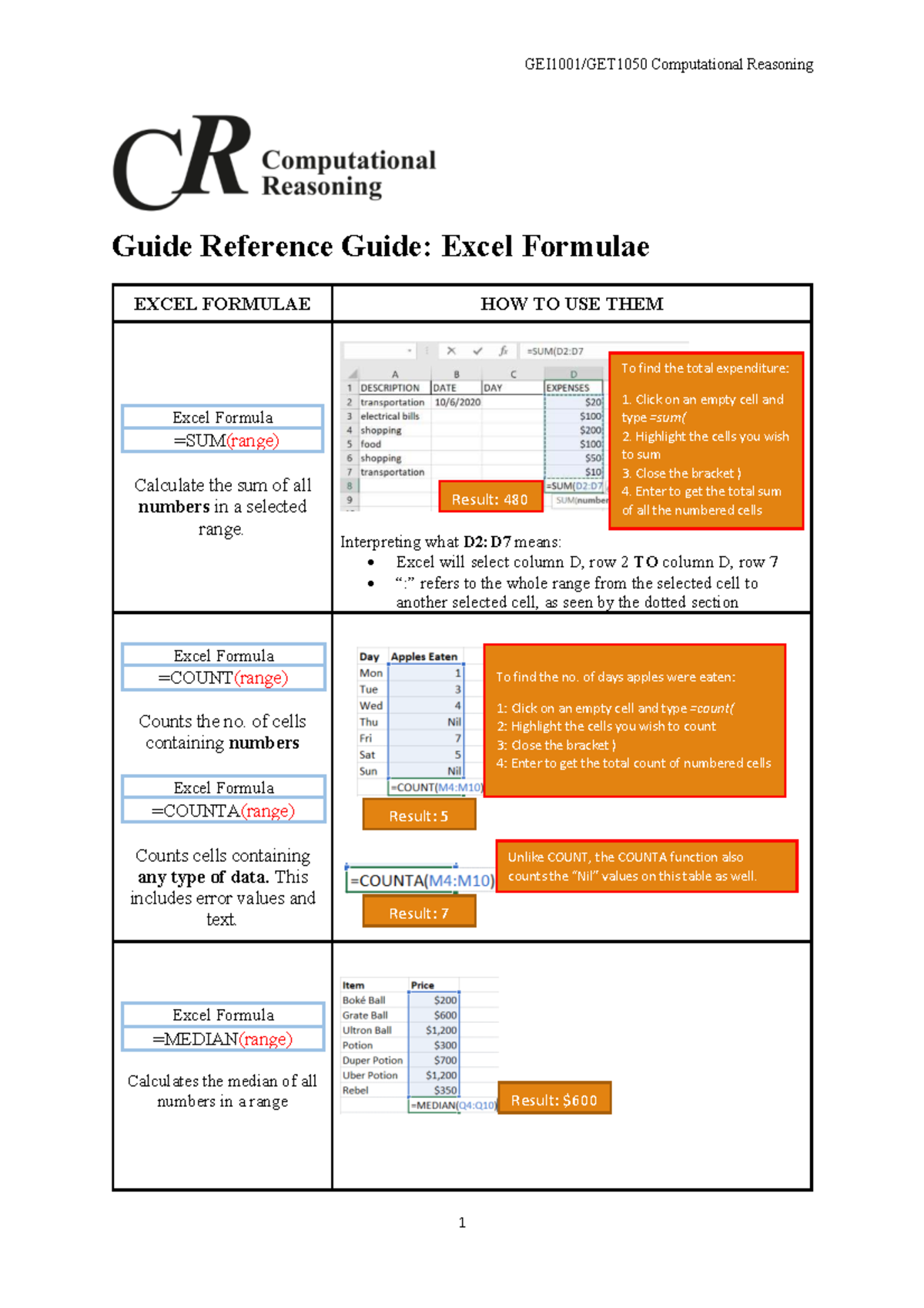 Quick Reference Guide: Excel Formulae for Computational Reasoning - Studocu