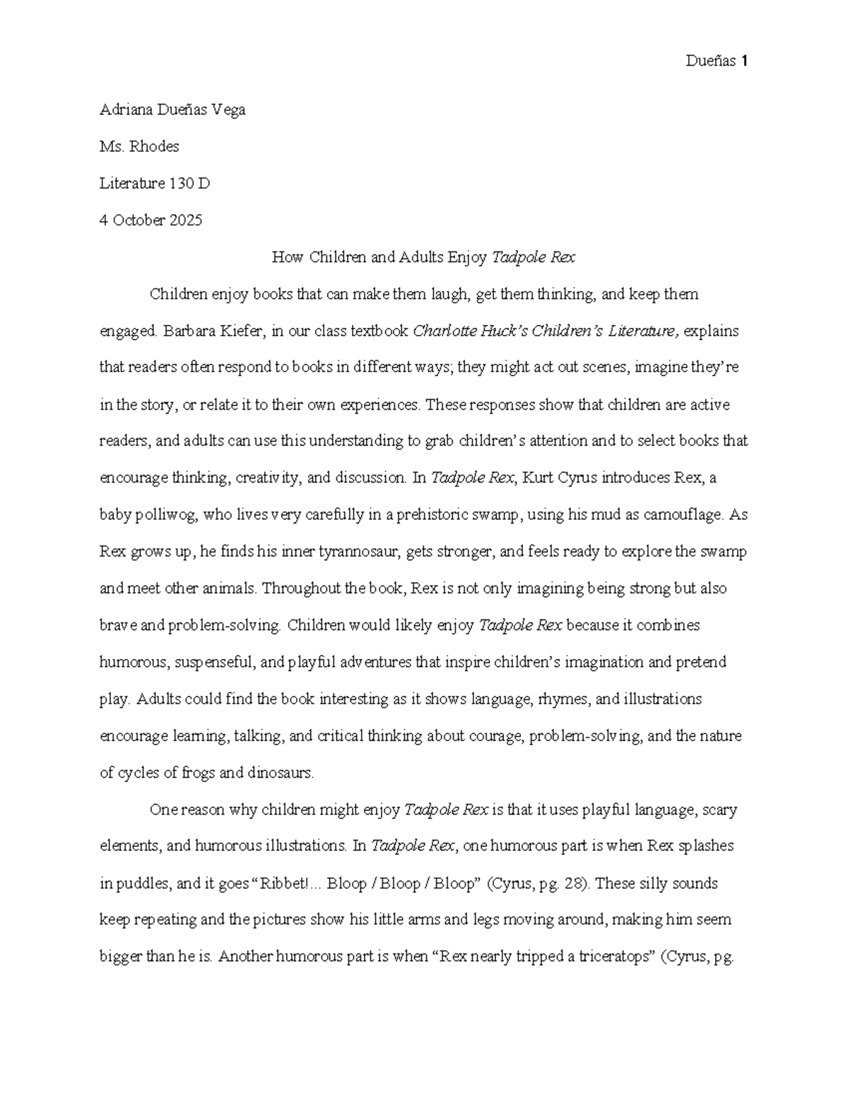 Literature 130D: Essay on "Tadpole Rex" by Kurt Cyrus - Studocu