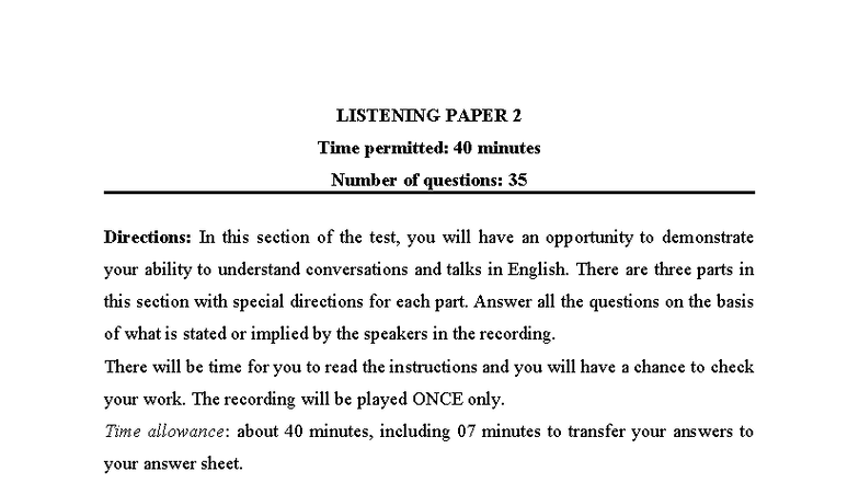 Listening Paper 2 - Test 2 (Code 2) - 40-Minute Exam - Studocu