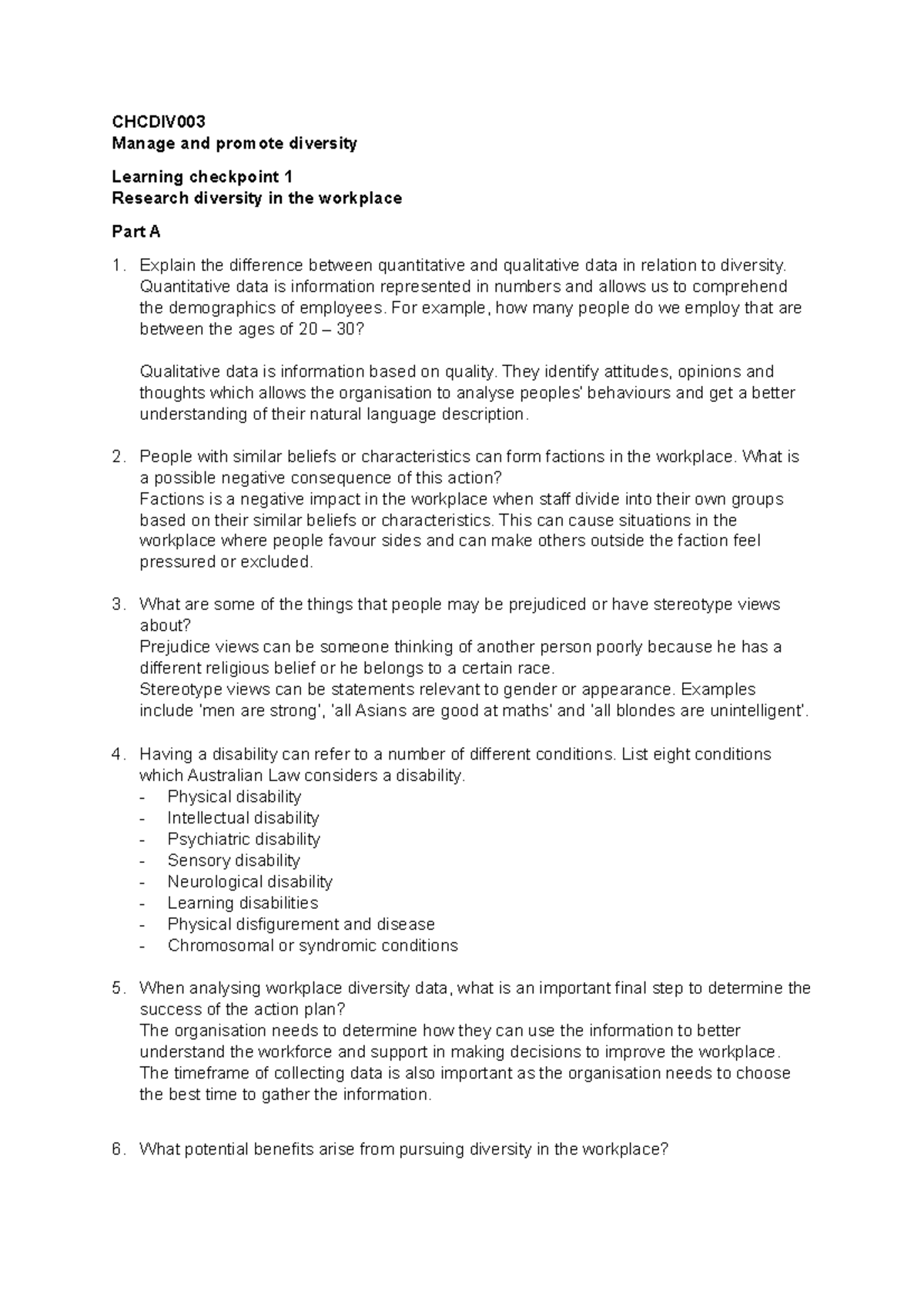 CHCDIV003 Manage and Promote Diversity - Learning Checkpoint 1 Insights ...