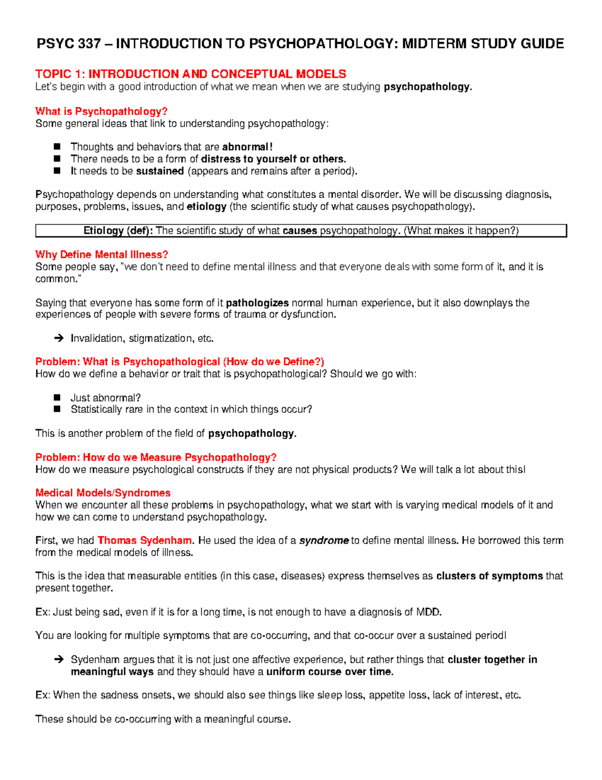 PSYC 337 MIDTERM STUDY GUIDE: INTRO TO PSYCHOPATHOLOGY TOPIC 1 - Studocu