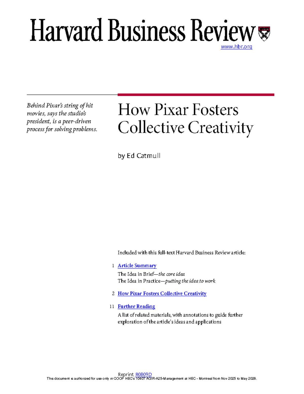 COOP 10407: How Pixar Fosters Collective Creativity - Insights from Ed ...