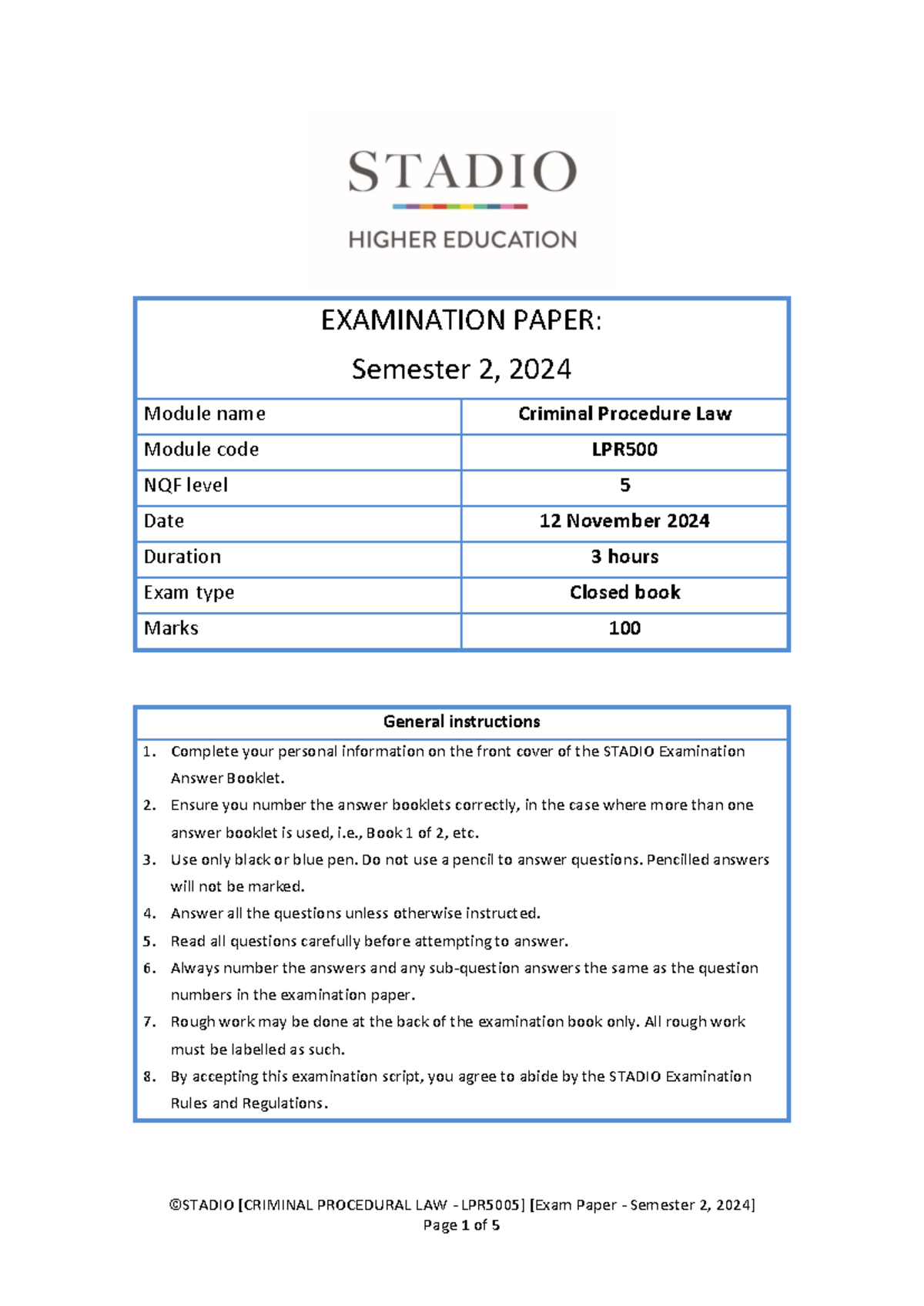LPR500 2024 Semester 2 Criminal Procedure Law Exam Paper - Studocu