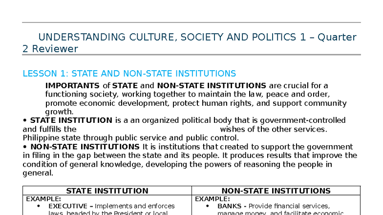 Understanding Culture, Society, and Politics 1 Q2 Reviewer: Key Lessons ...