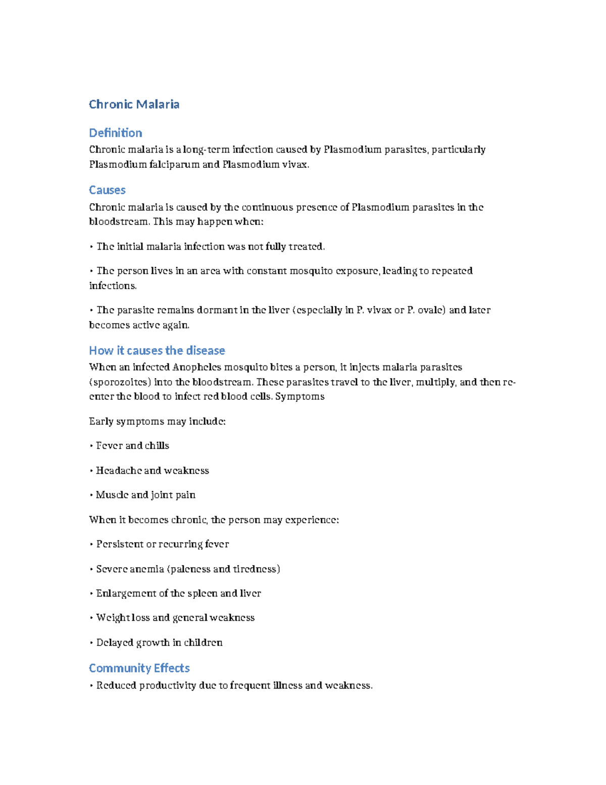 Chronic Malaria Overview: Causes, Symptoms, and Community Impact - Studocu