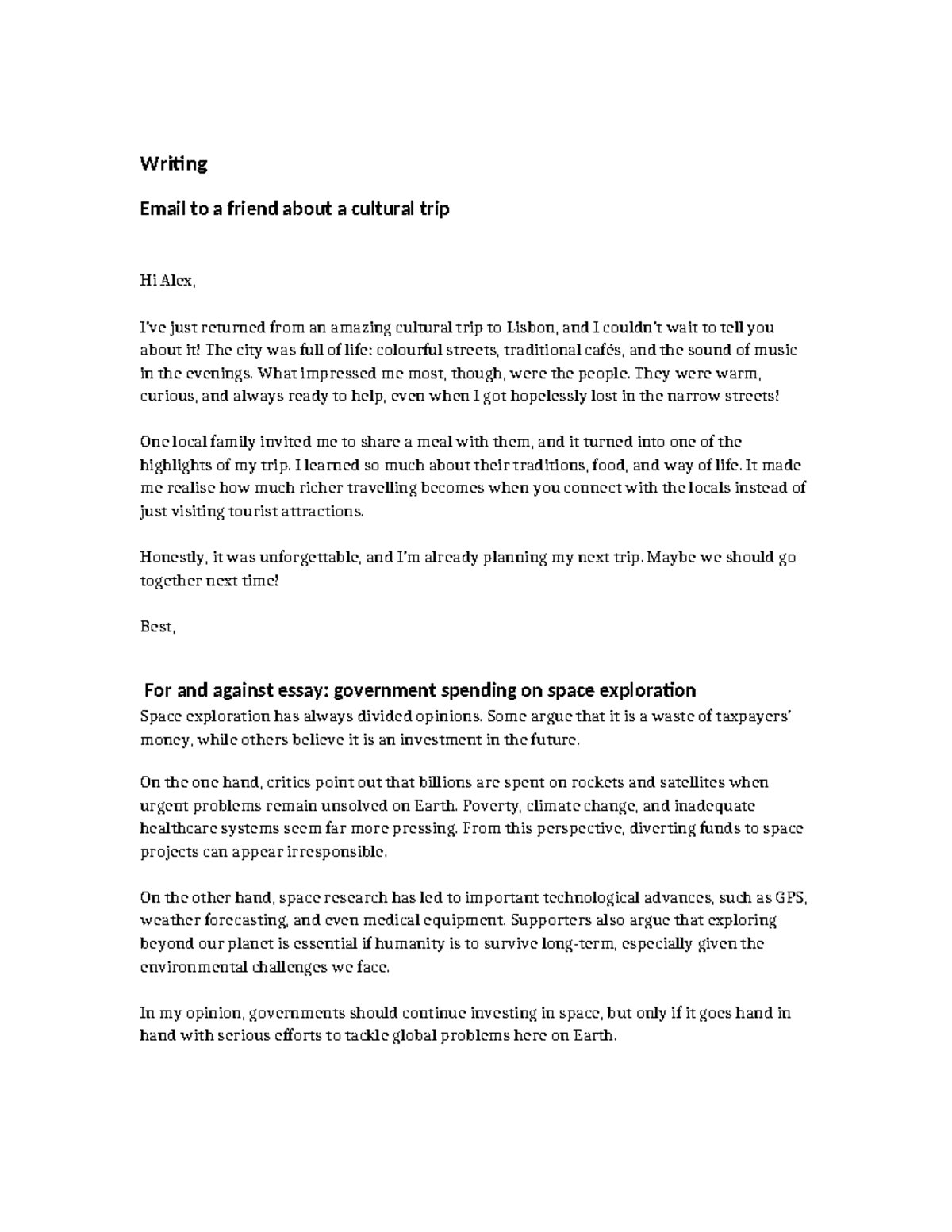 C1 Writing Task: Email About Cultural Trip to Lisbon - Studocu