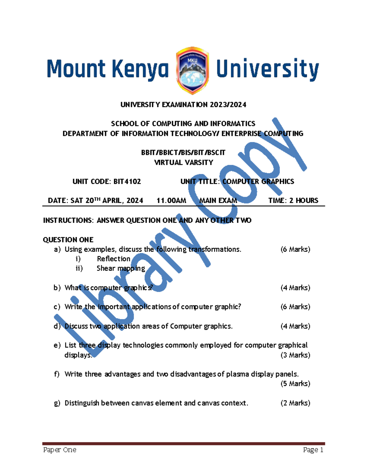 BIT4102 Computer Graphics Final Exam Questions and Instructions - Studocu