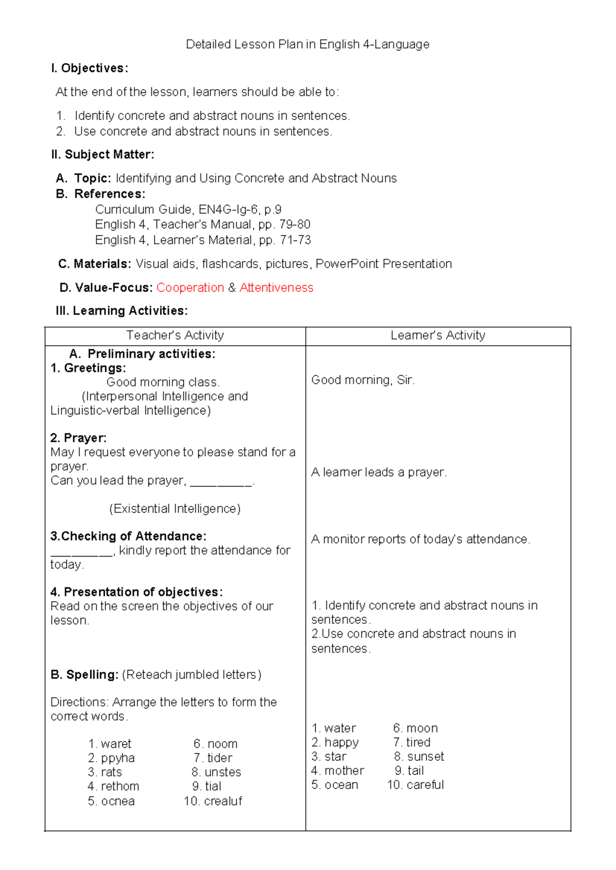 Detailed Lesson Plan on Concrete and Abstract Nouns (ENG I) - Studocu