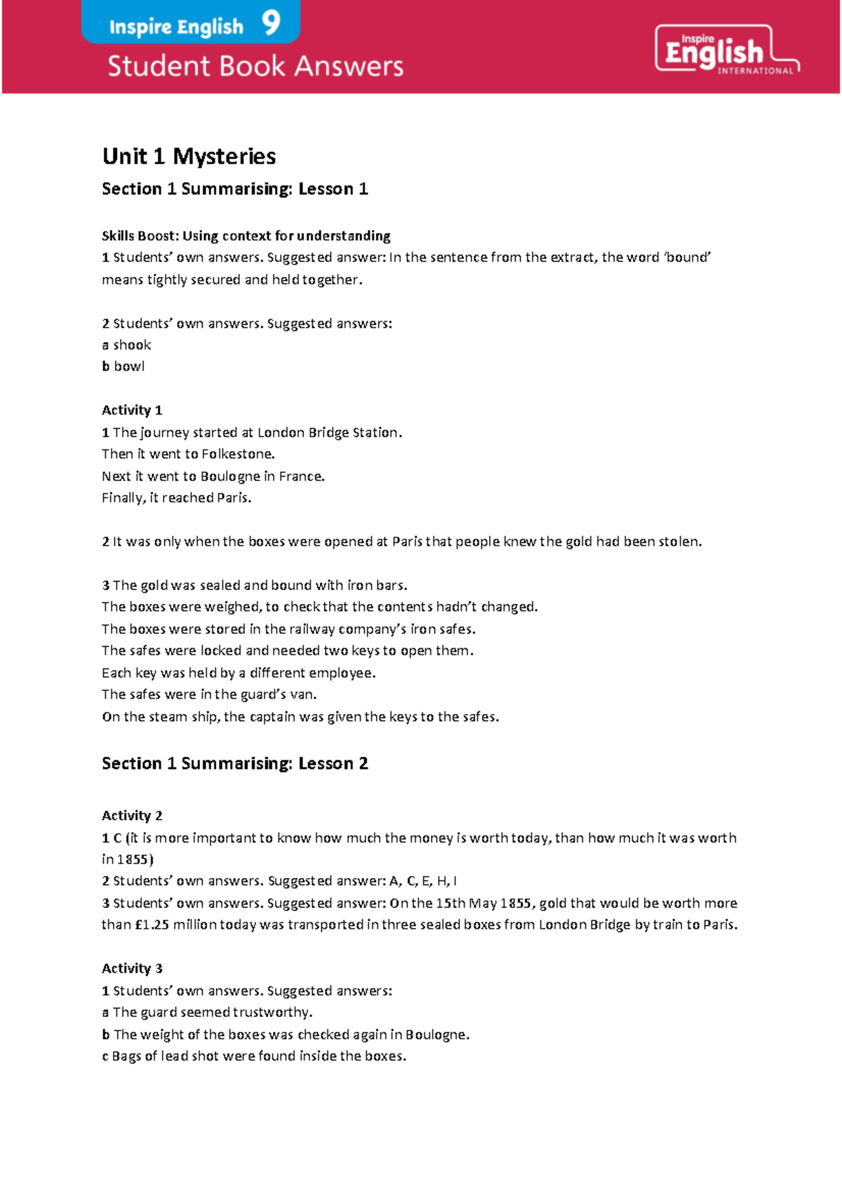 Inspire English Y9 Student Book Answers: Unit 1 Mysteries Summary - Studocu