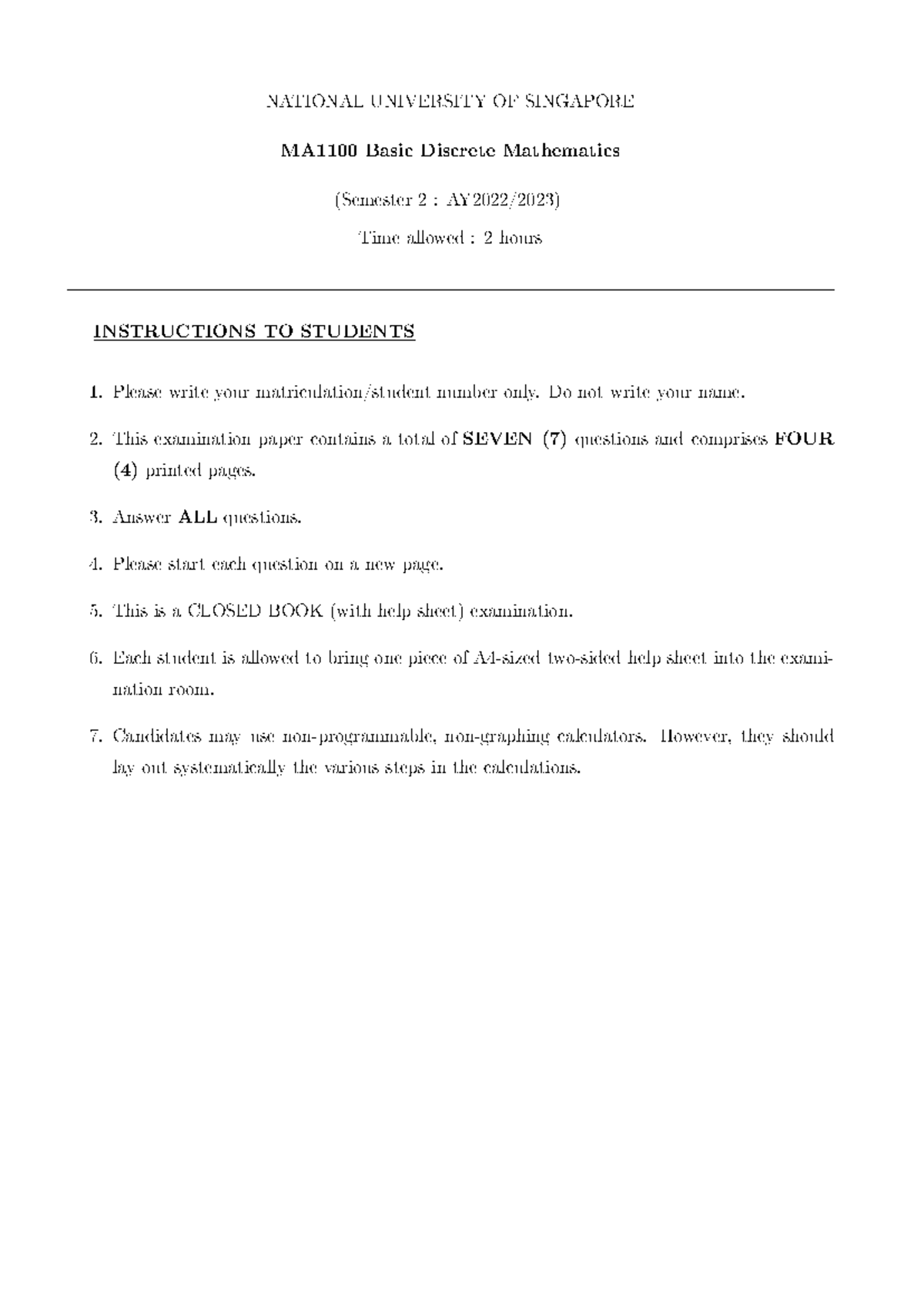 Past Exam 4 - MA1100 Basic Discrete Mathematics Final Exam - Studocu