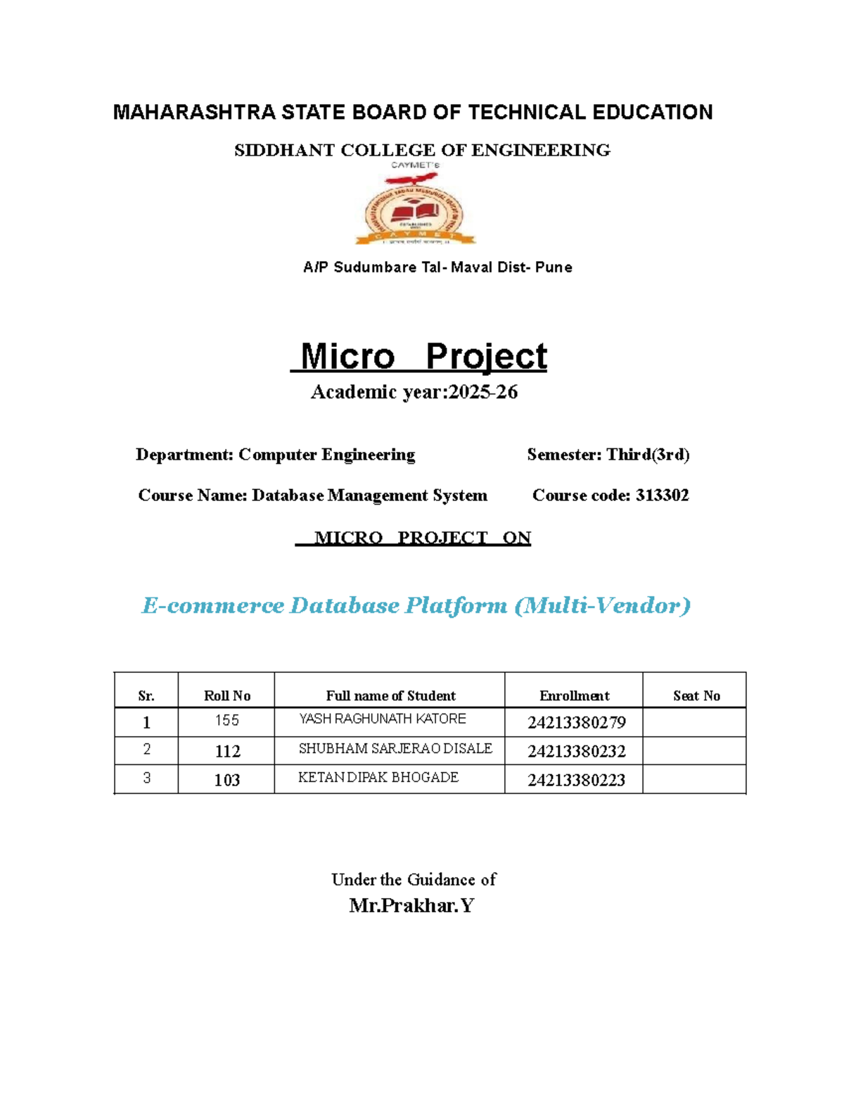 Micro Project on Database Management System (313302) - Technical Specs ...
