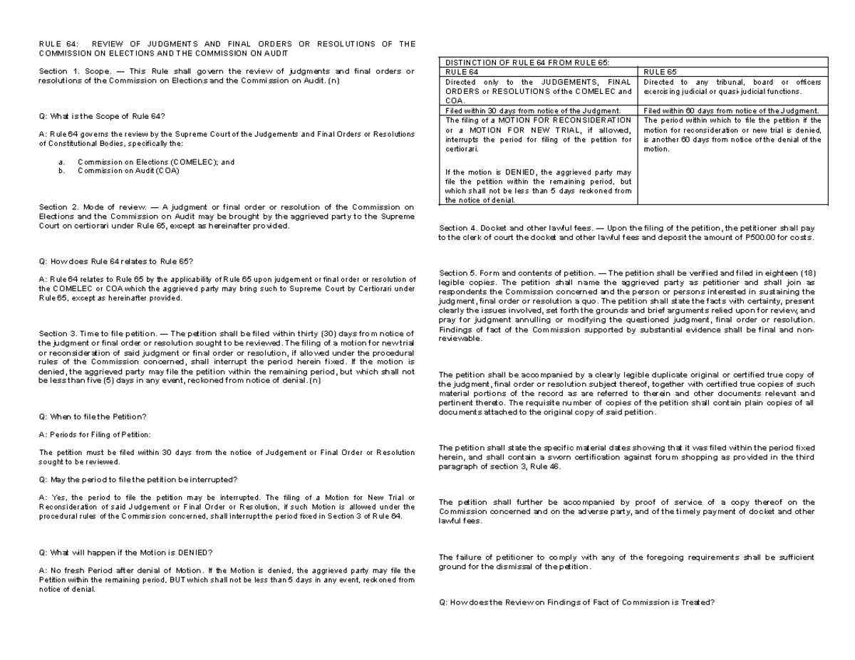 Rule 64: Review of Judgments & Final Orders of COMELEC & COA - Studocu