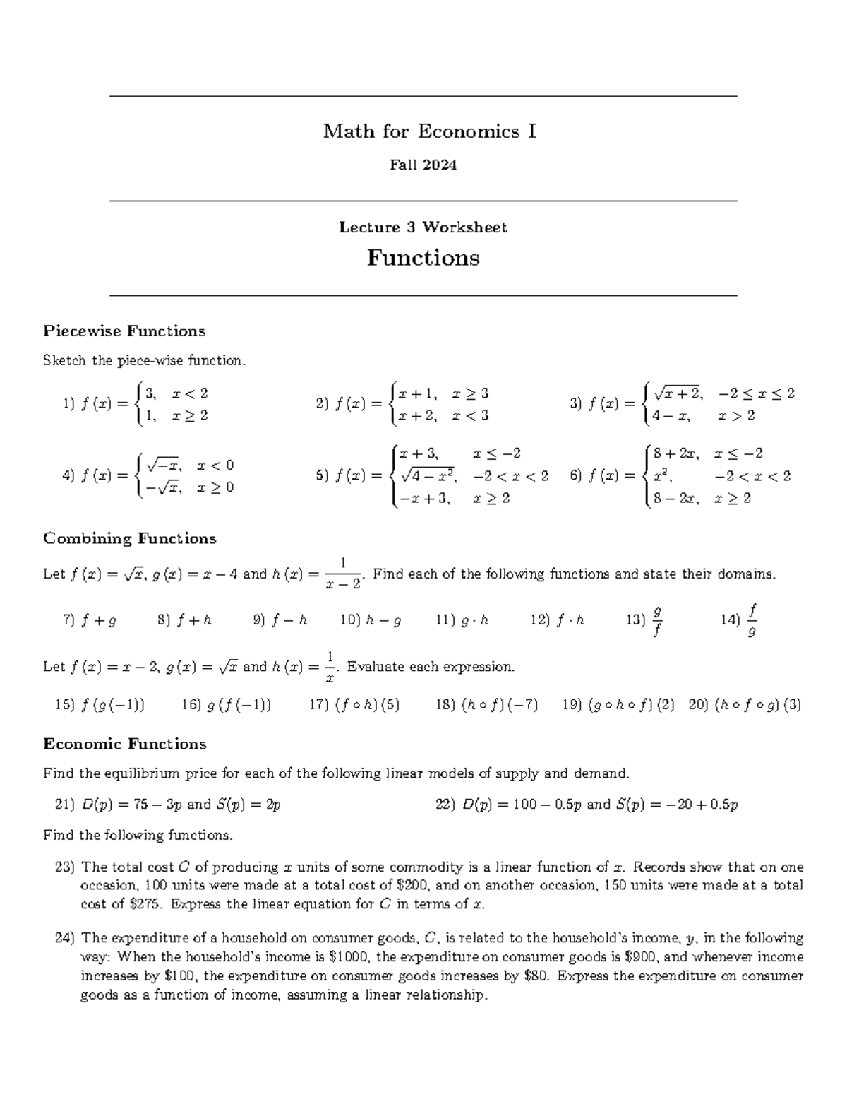 Math for Economics I Fall 2024 Lecture 3 Worksheet: Functions ...