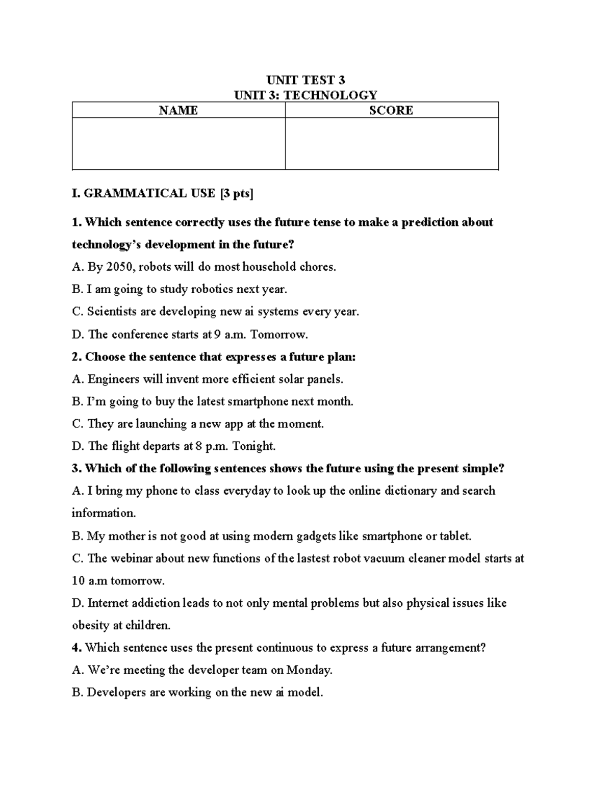 UNIT TEST 3 - Practice for Grammar and Vocabulary - UNIT TEST 3 UNIT 3 ...