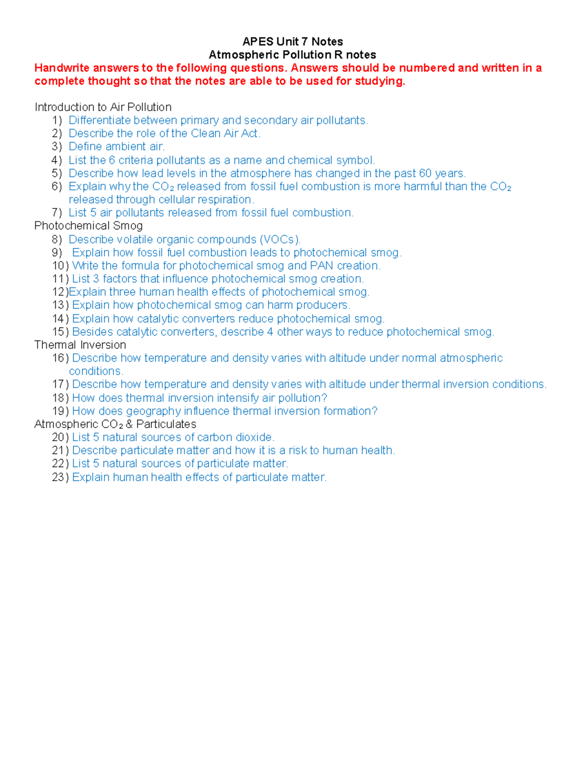 APES Unit 7: Atmospheric Pollution Study Notes and Questions - Studocu