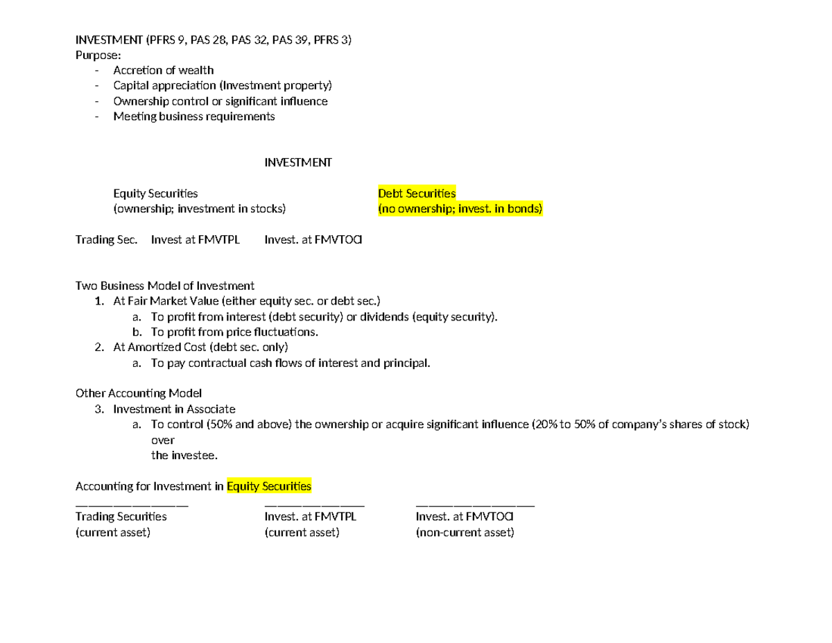 ACC 124 Discussion - INVESTMENT (PFRS 9, PAS 28, PAS 32, PAS 39, PFRS 3 ...