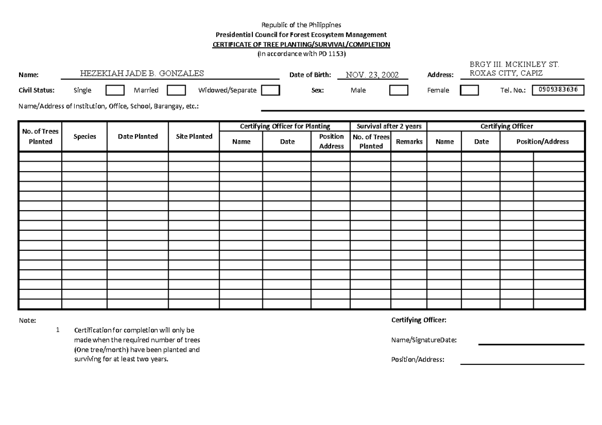 Certificate of Tree Planting Completion - PD 1153 Compliance - Studocu