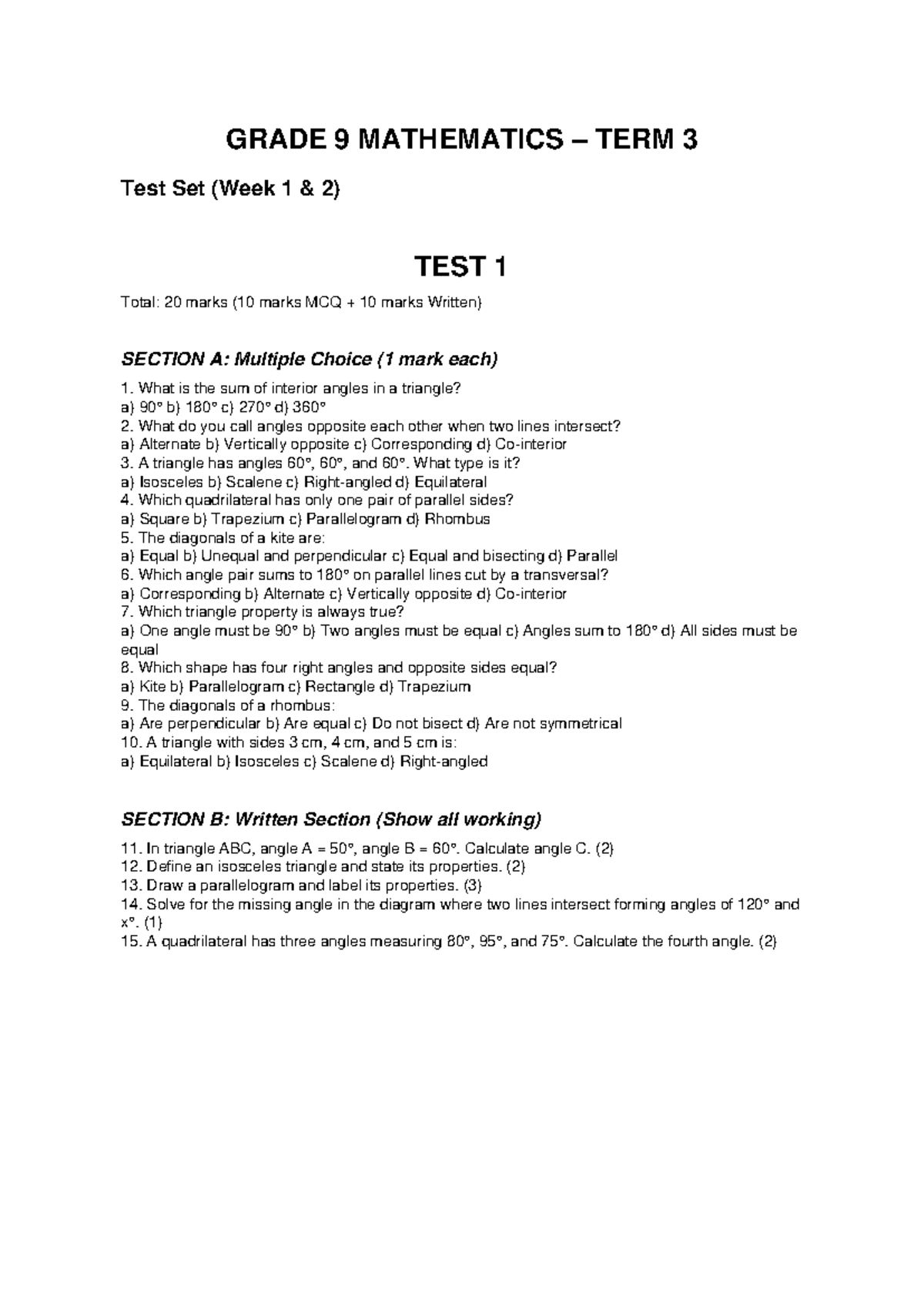 GRADE 9 MATHEMATICS TERM 3 TEST 1 (WEEK 1 & 2) - Studocu