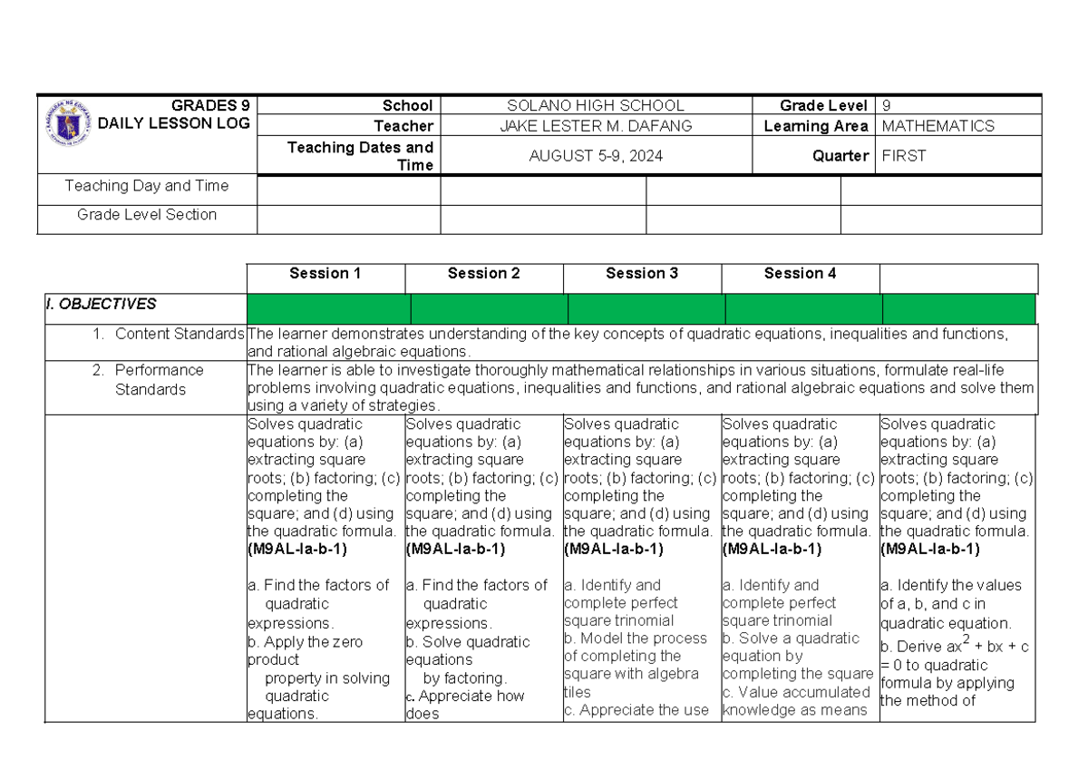 DLL Grade 9 Week 2 Mathematics Daily Lesson Log: Quadratic Equations ...
