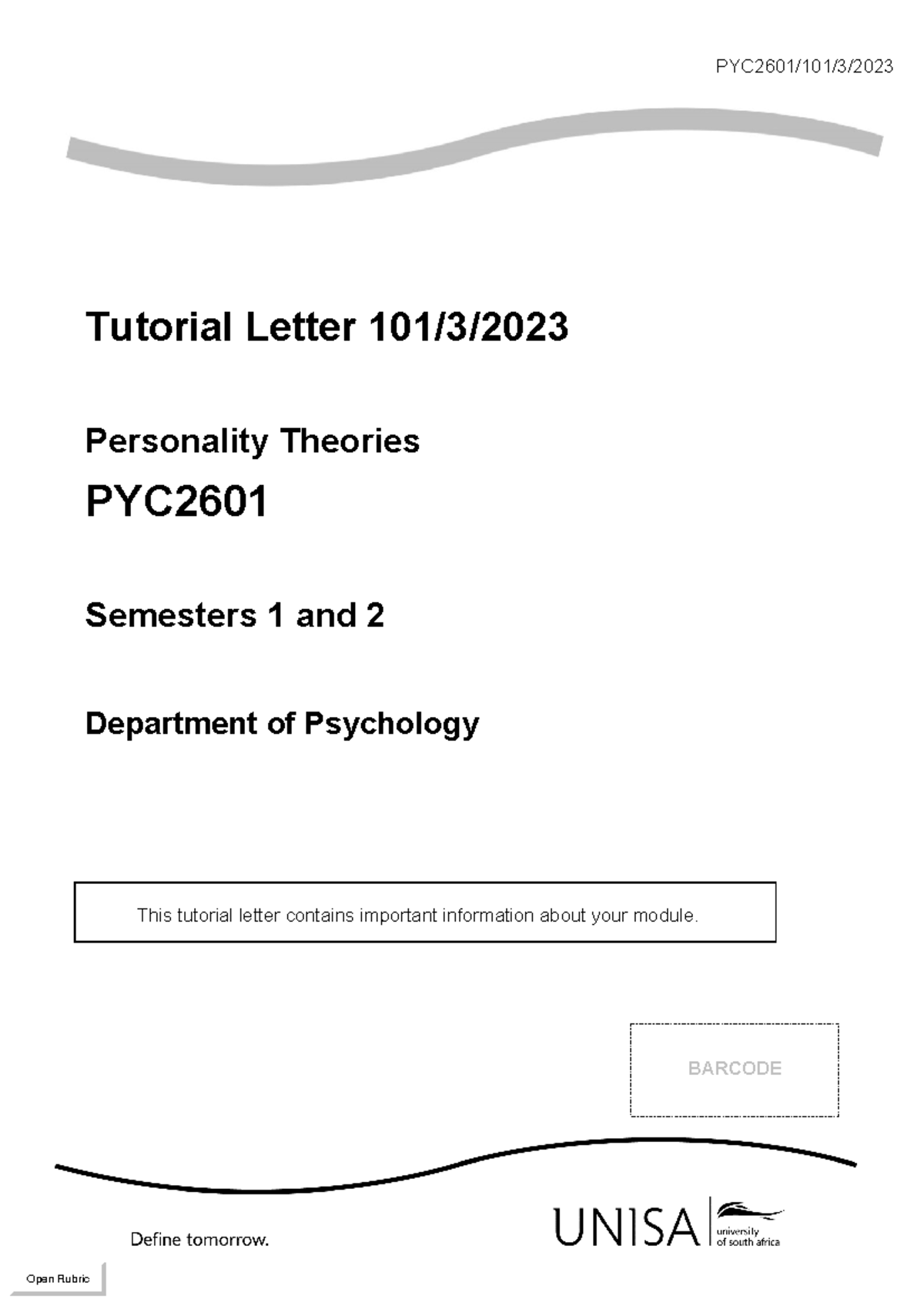 PYC2601: Personality Theories Tutorial Letter & Module Overview - Studocu