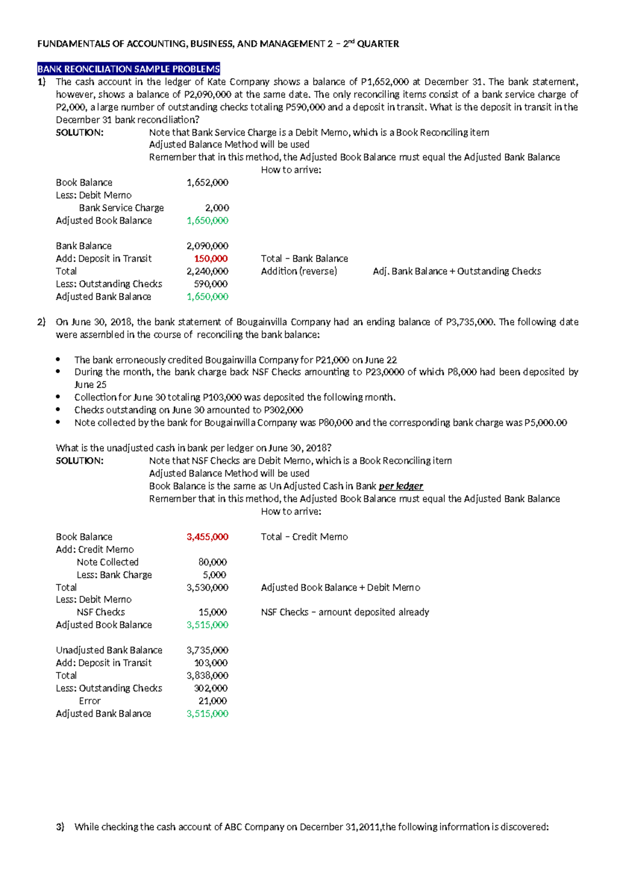 BANK RECONCILIATION SAMPLE PROBLEMS FOR ACCT 2 - 2ND QUARTER - Studocu