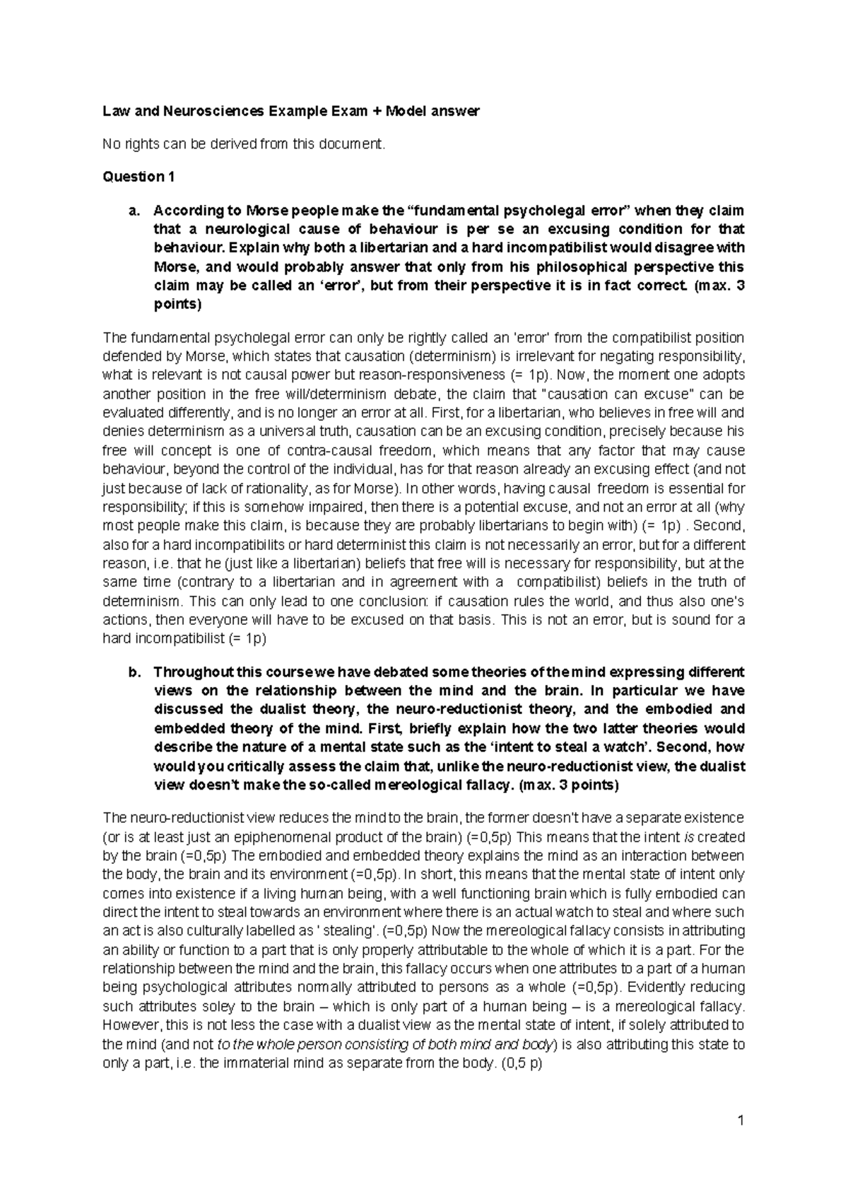 LAW32021 Law and Neurosciences Example Exam Model Answers - Studeersnel