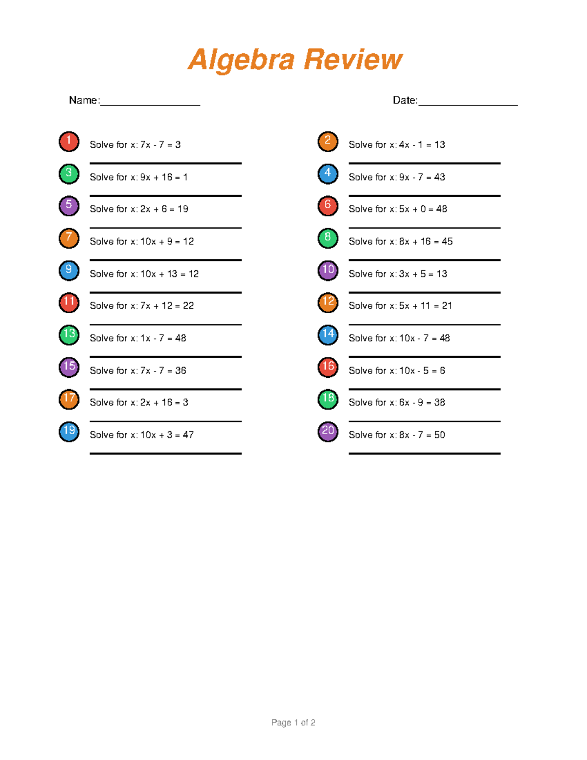 Algebra Review 2: Practice Problems for Solving Equations - Studocu