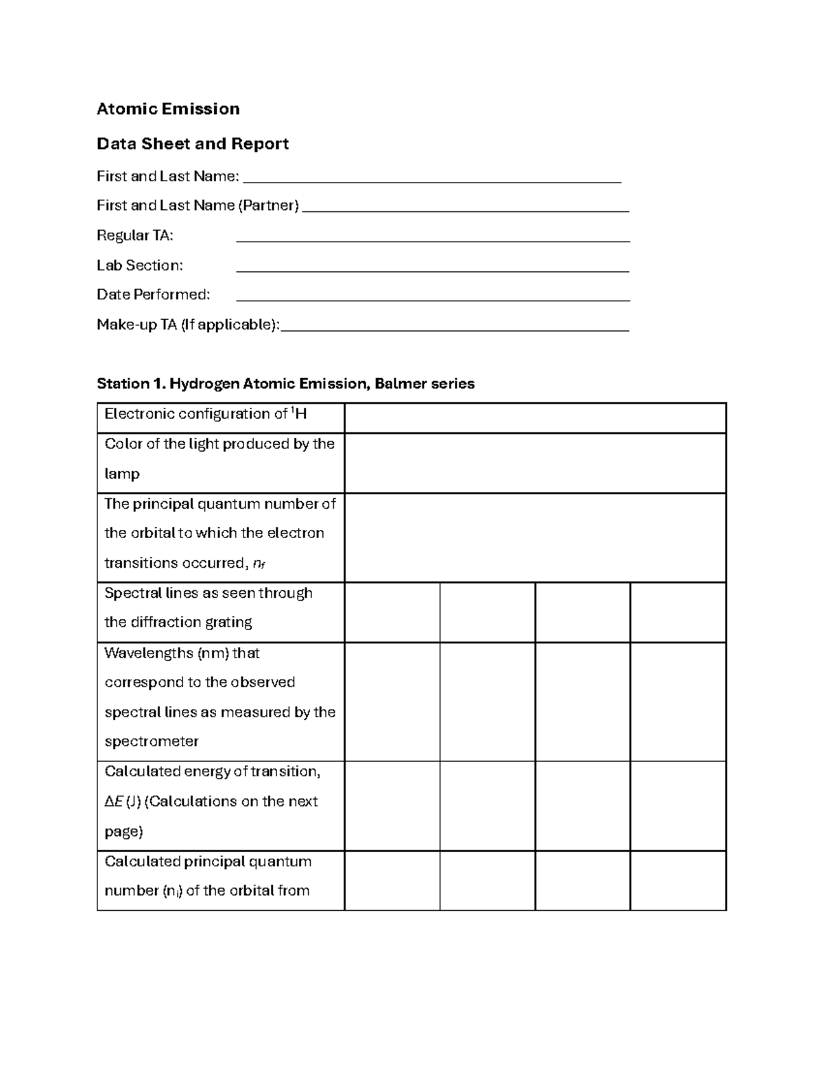 Atomic Emission Data Sheet v 2: Lab Report on Spectral Analysis - Studocu