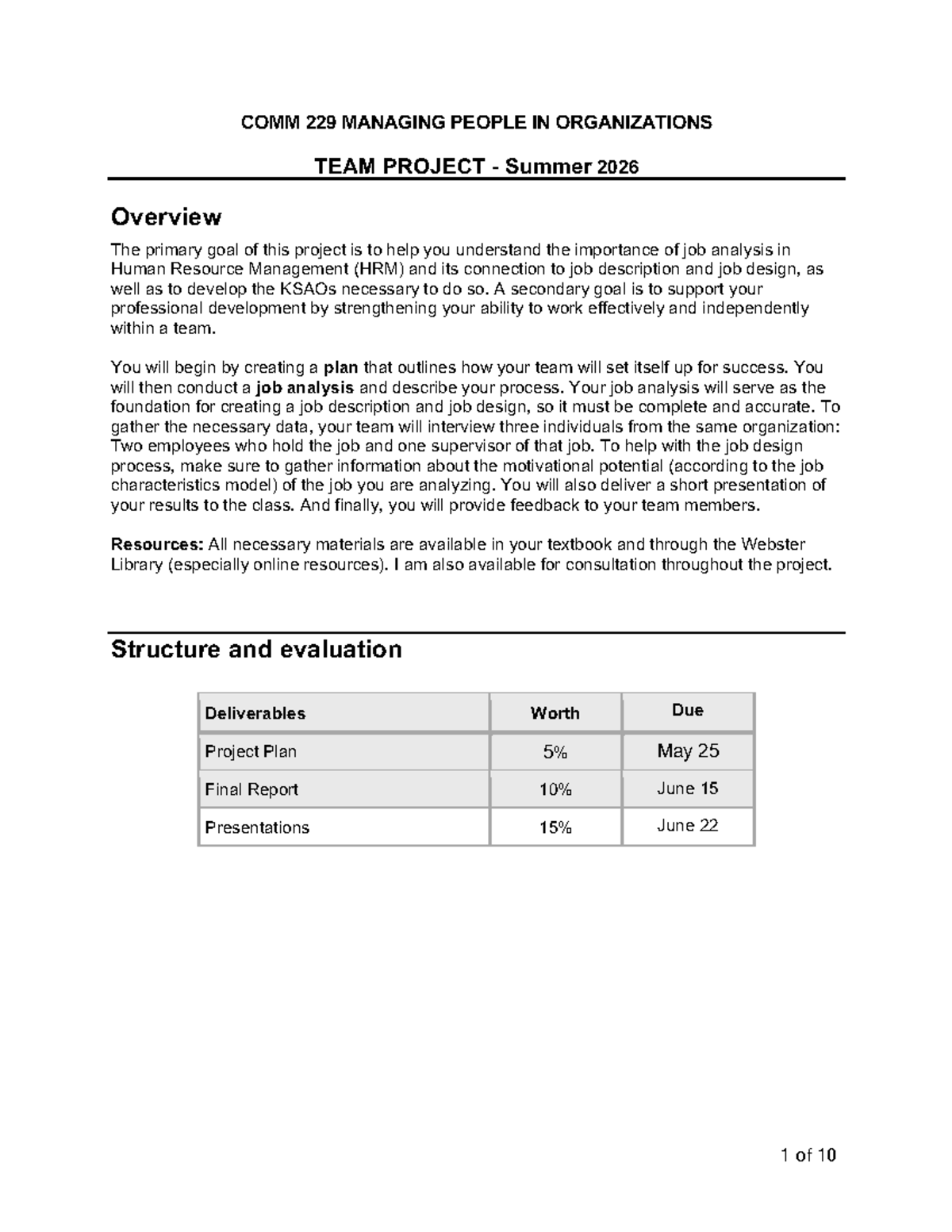 COMM 229 TEAM PROJECT: Job Analysis & Design Overview (Summer 2026 ...