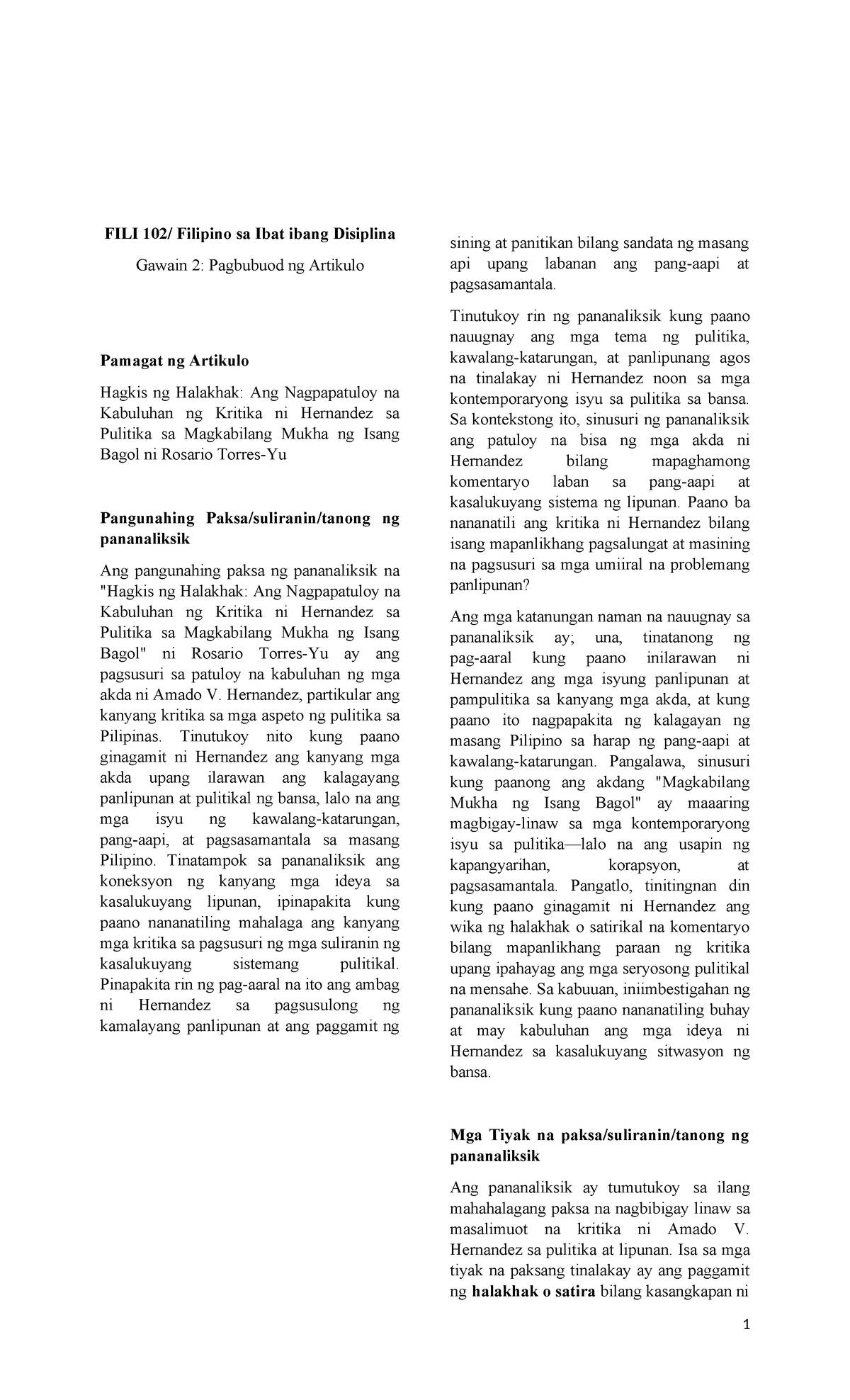FILI 102: Pagbubuod ng "Hagkis ng Halakhak" ni Hernandez - Studocu