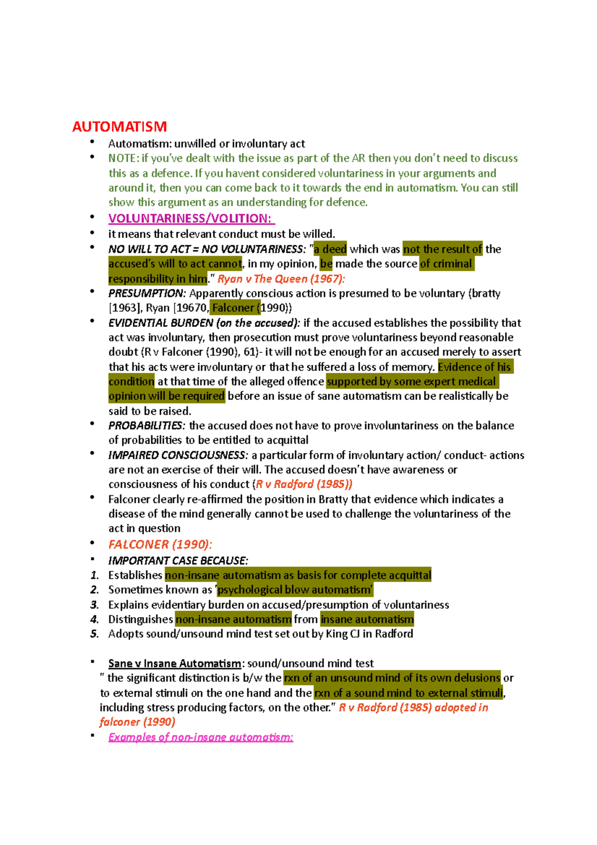 Defence Notes: Automatism, Self-Defence, and Mental Health (LAW101 ...