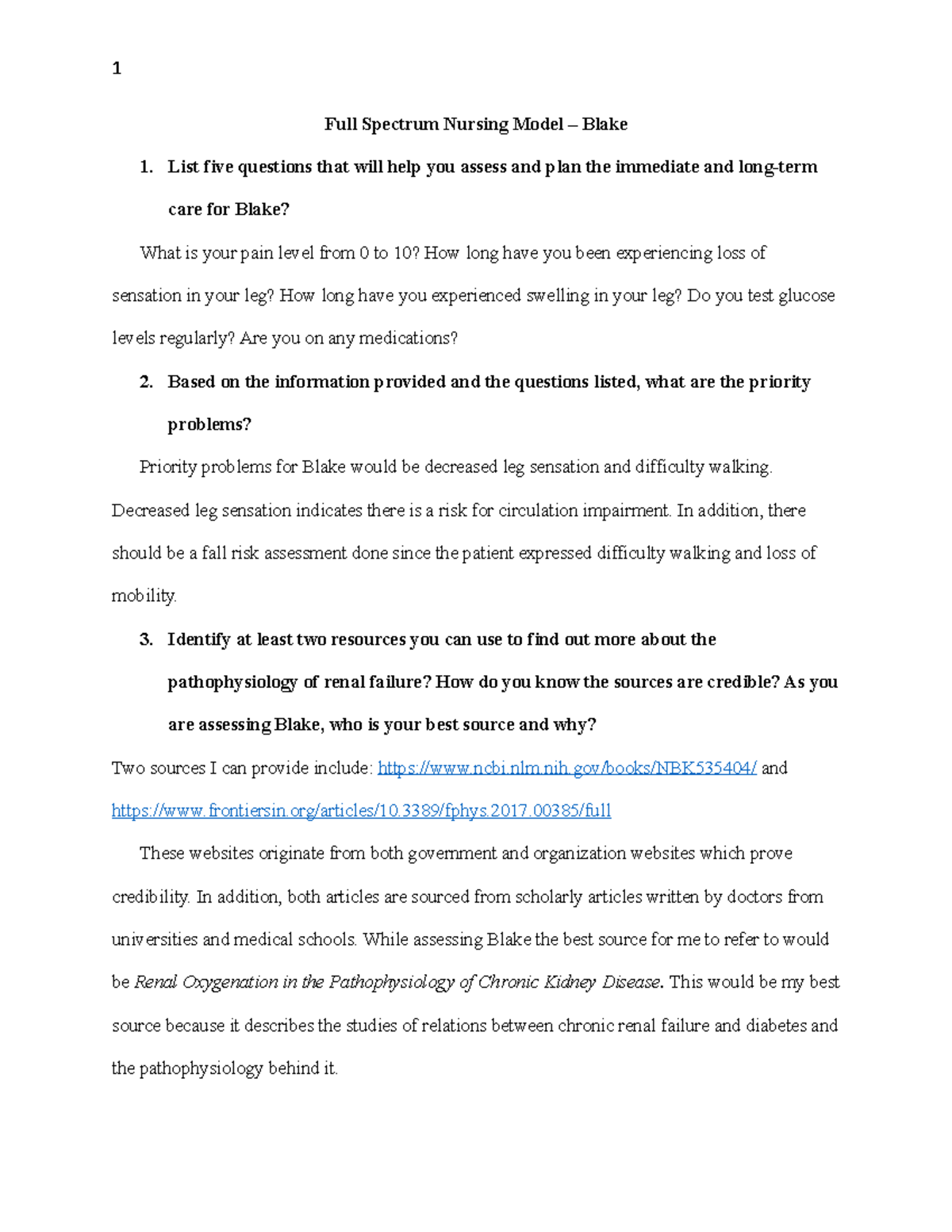 Full spectrum Blake - Assignment for guidance - 1 **Full Spectrum Nursing Model – Blake List ...